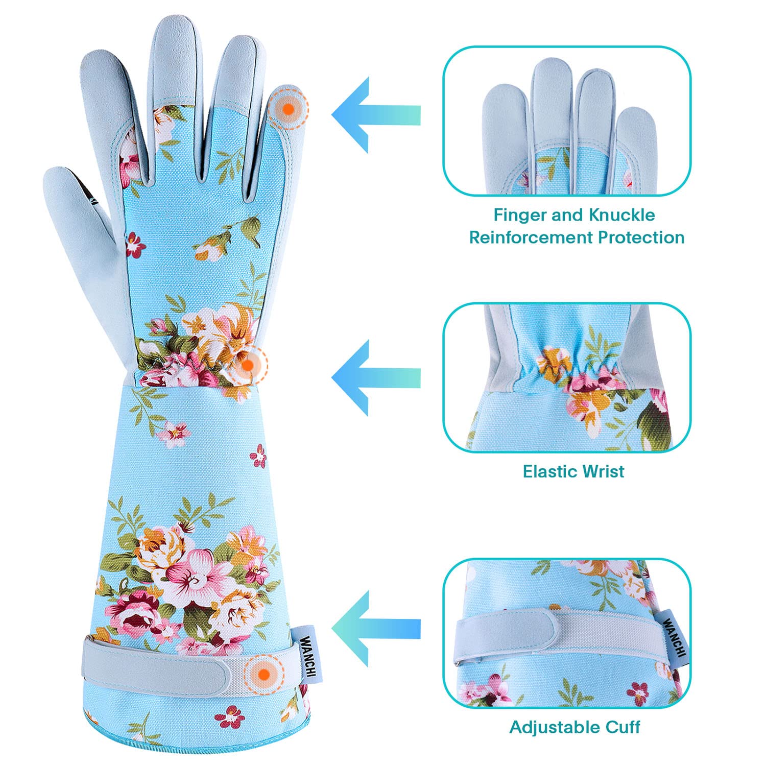 WANCHI Long Sleeve Garden Gloves Medium + Cowhide Leather Thorn Proof Gardening Gloves Large