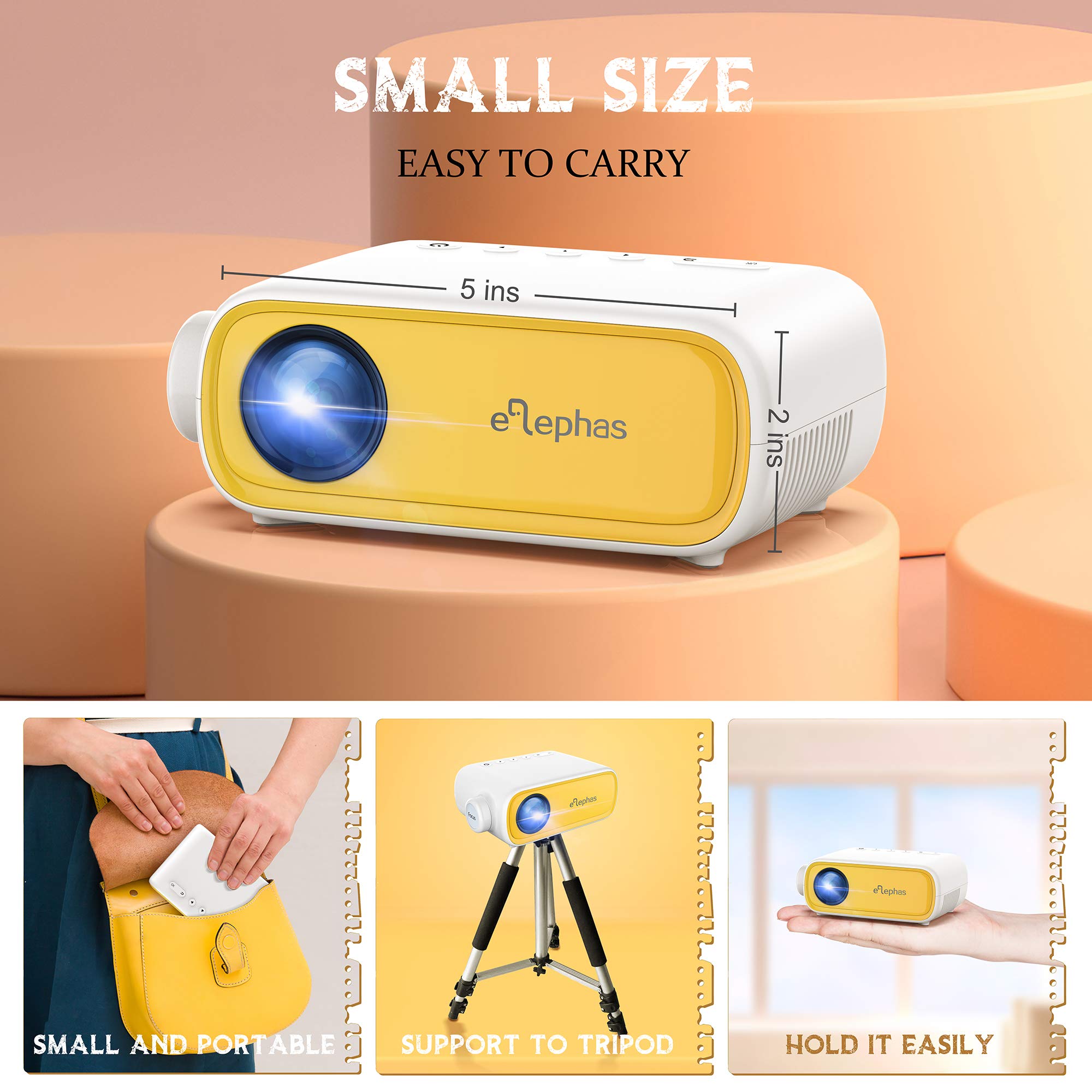 Mini Projector, ELEPHAS Portable Projector for iPhone 1080P Supported, Video Smart Led Pocket Small Home Phone Projector for Bedroom with Laptop HDMI USB TV AV Interfaces and Remote to Watch Cartoon