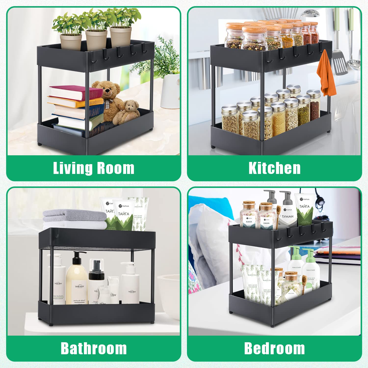 Under Sink Organizer and Storage - Bathroom Organizer - Multi-purpose Kitchen Organizer Countertop Storage Shelf Holder with Hooks,1 Pack