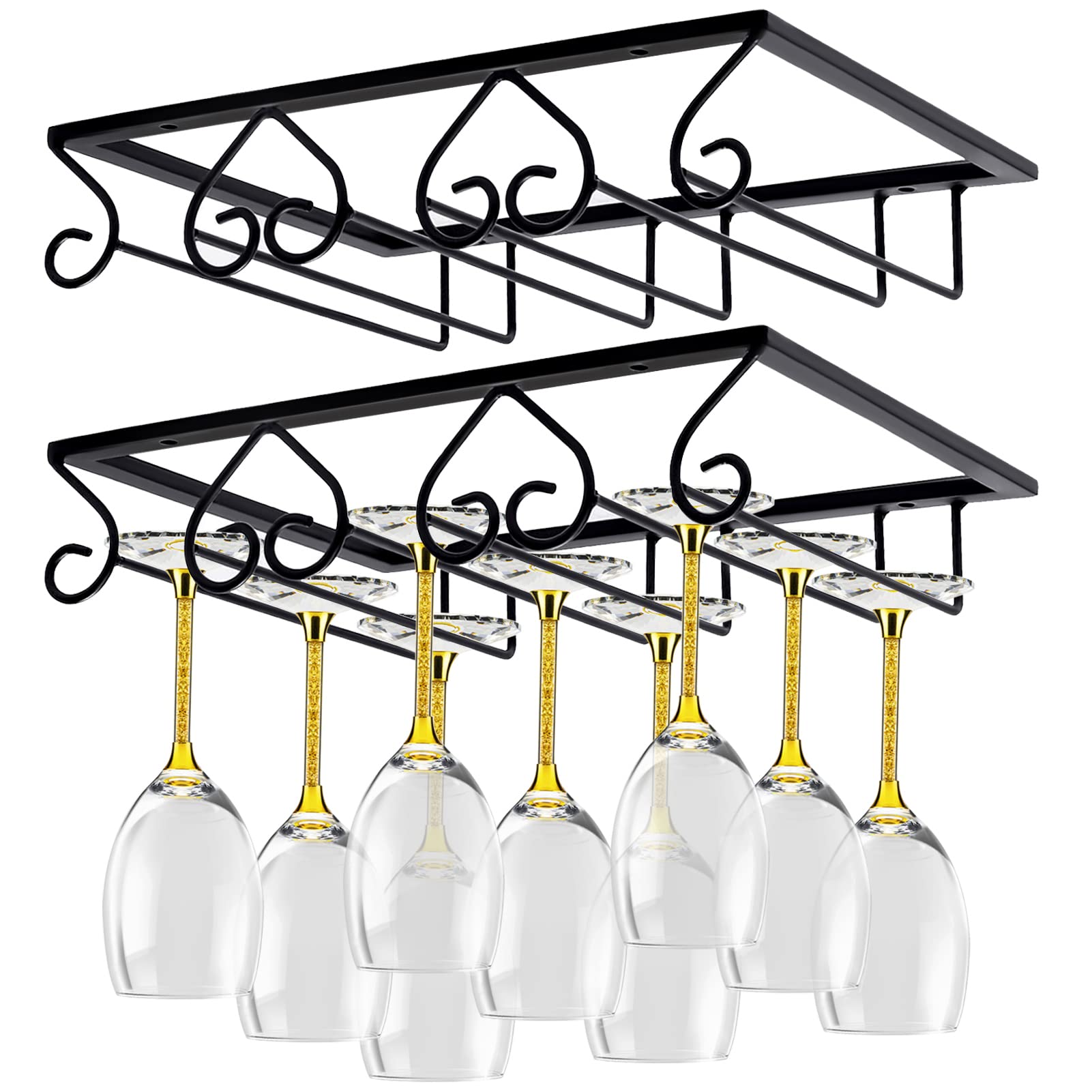 Wine Glass Rack Under Cabinet, 2 Pack Wine Glass Rack, Wine Glass Holder Under Shelf, 3 Rows Hanging Wine Glasses Holder Under Cabinet, Stemware Glass Rack Inside Cabinet for Kitchen Bar