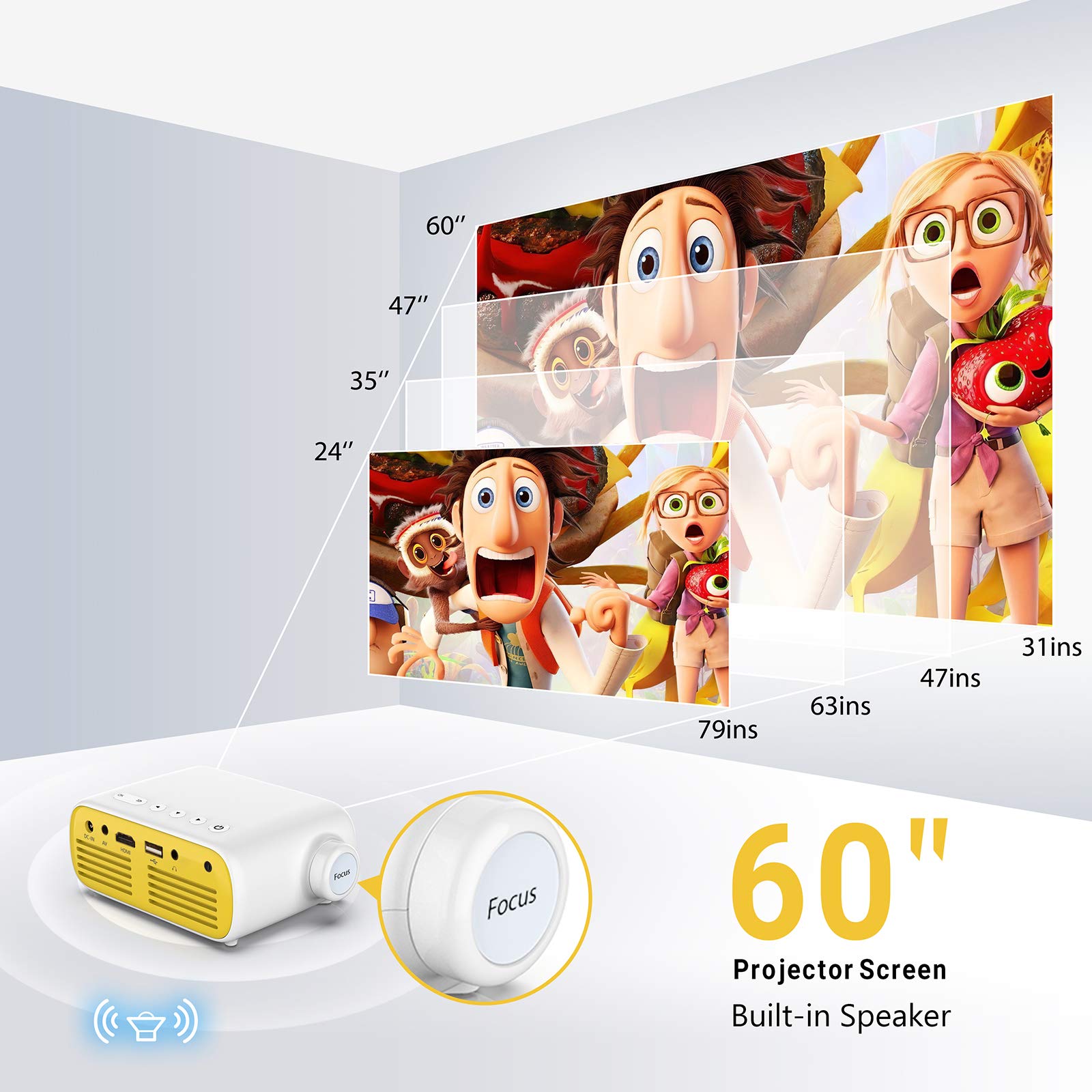 Mini Projector, ELEPHAS Portable Projector for iPhone 1080P Supported, Video Smart Led Pocket Small Home Phone Projector for Bedroom with Laptop HDMI USB TV AV Interfaces and Remote to Watch Cartoon