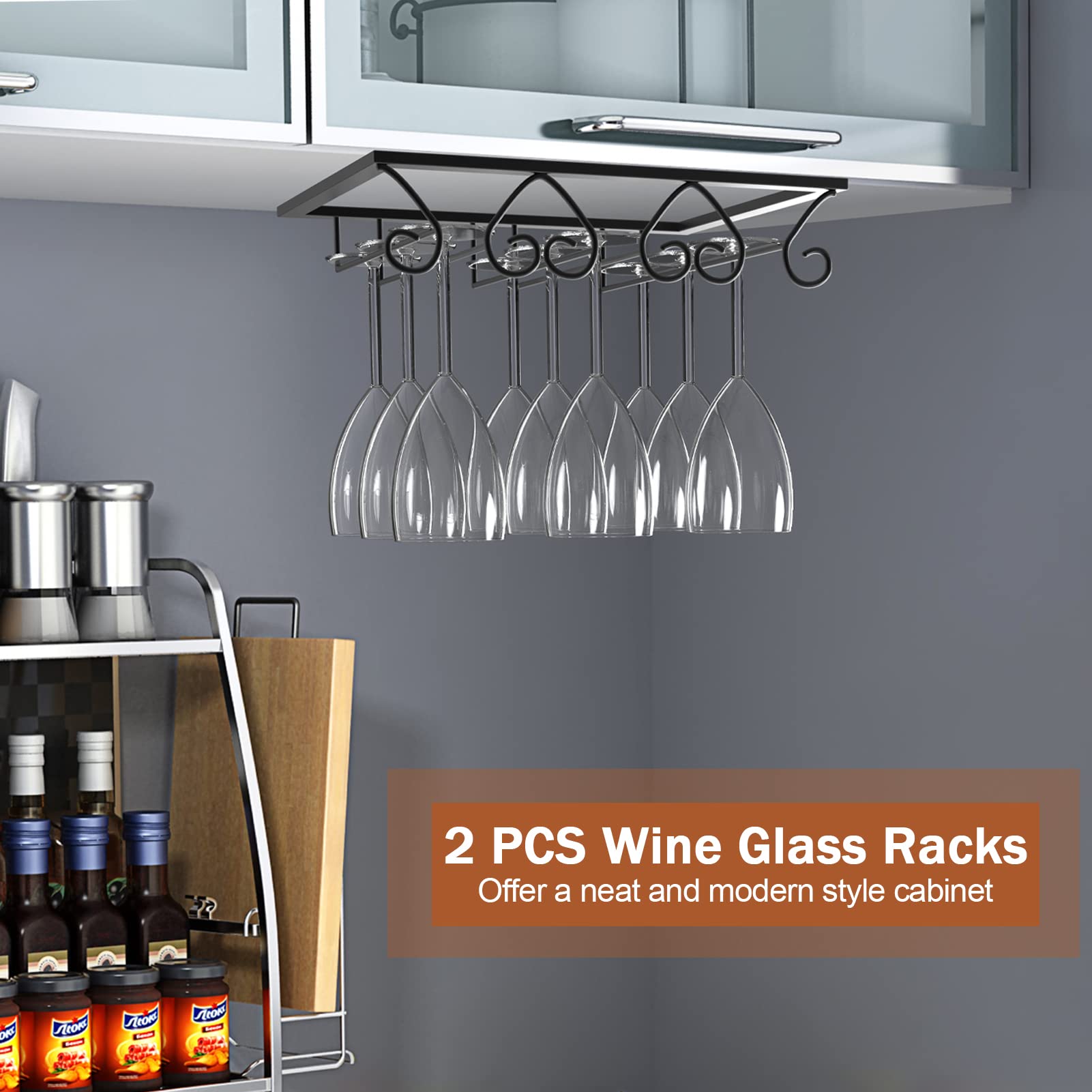 Wine Glass Rack Under Cabinet, 2 Pack Wine Glass Rack, Wine Glass Holder Under Shelf, 3 Rows Hanging Wine Glasses Holder Under Cabinet, Stemware Glass Rack Inside Cabinet for Kitchen Bar