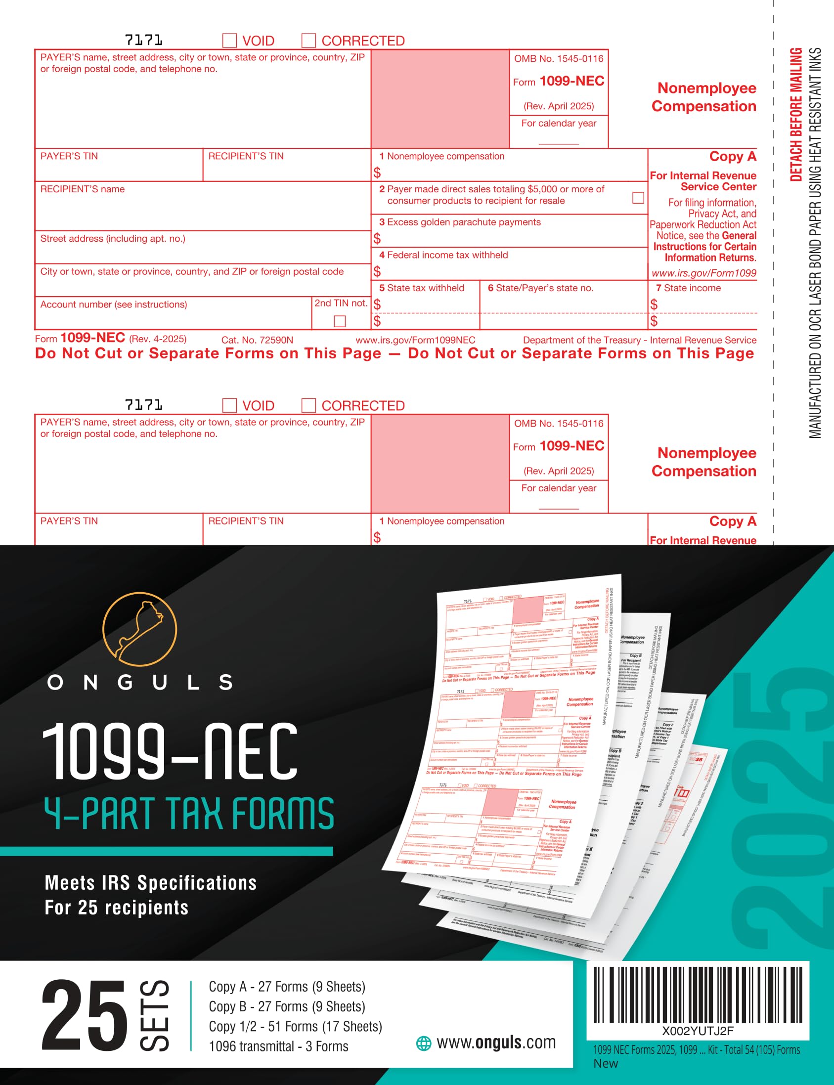 1099 NEC Forms 2022, 1099 NEC Laser Forms IRS Approved Designed for QuickBooks and Accounting Software 2022, 4 Part Tax Forms Kit, 25 Vendor Kit – Total 38 (108) Forms