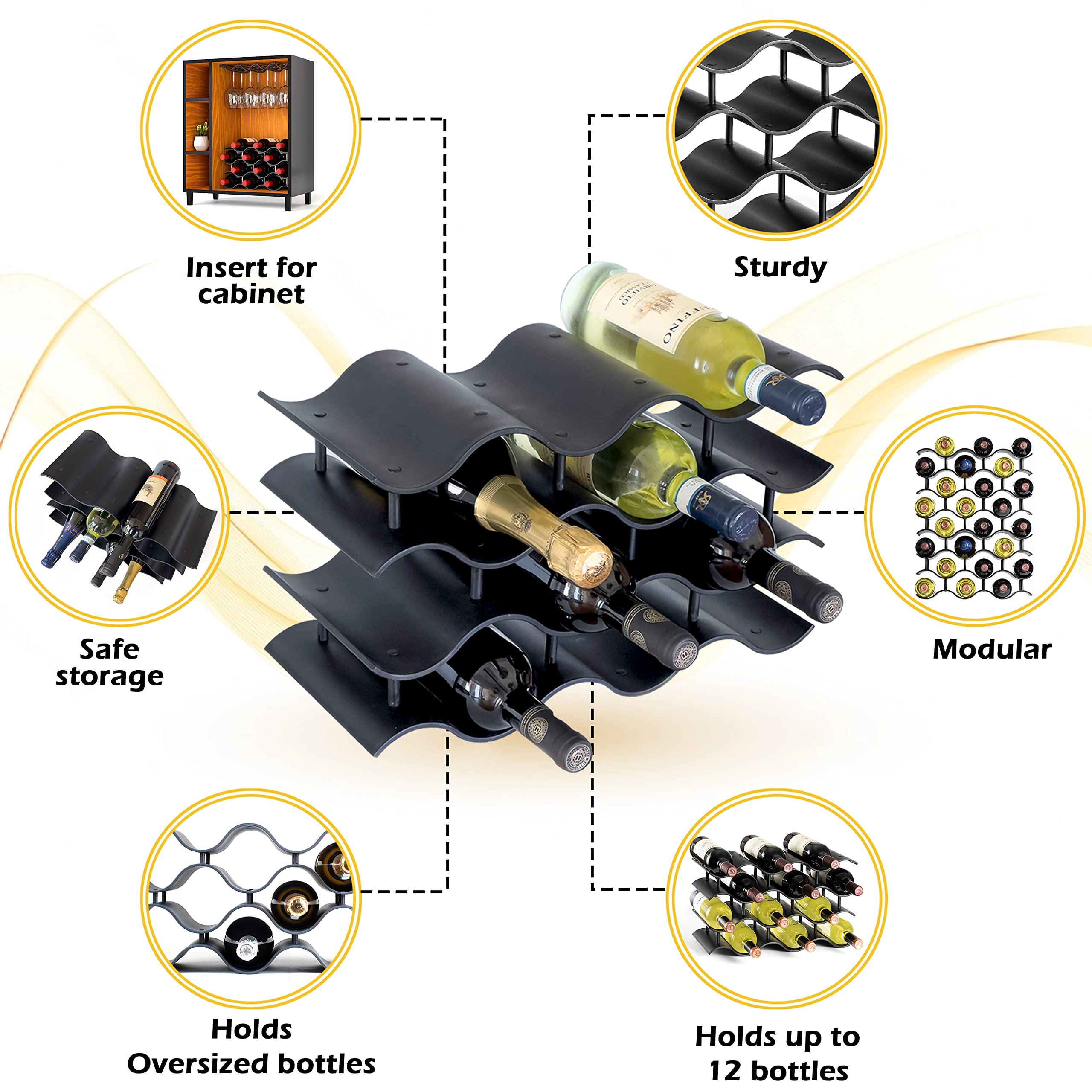 Bariboo Wine Rack. Stackable Countertop Wine Bottle Stand. 12 Bottles Wine Holder Organizer for Table Top, Pantry, Cabinet, Refrigerator. Wine Bar Quality Plastic Lightweight Storage (Black)