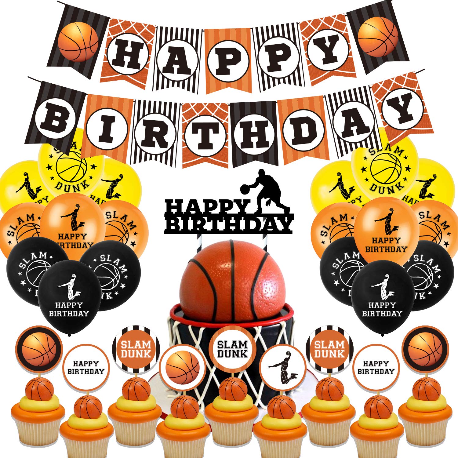 Basketball Theme Party Decoration Set, Includes Happy Birthday Flag Banner, Basketball Printed Latex Balloons, Cake Topper and Cupcake Toppers for Boys and Girls Sports Theme Birthday Party