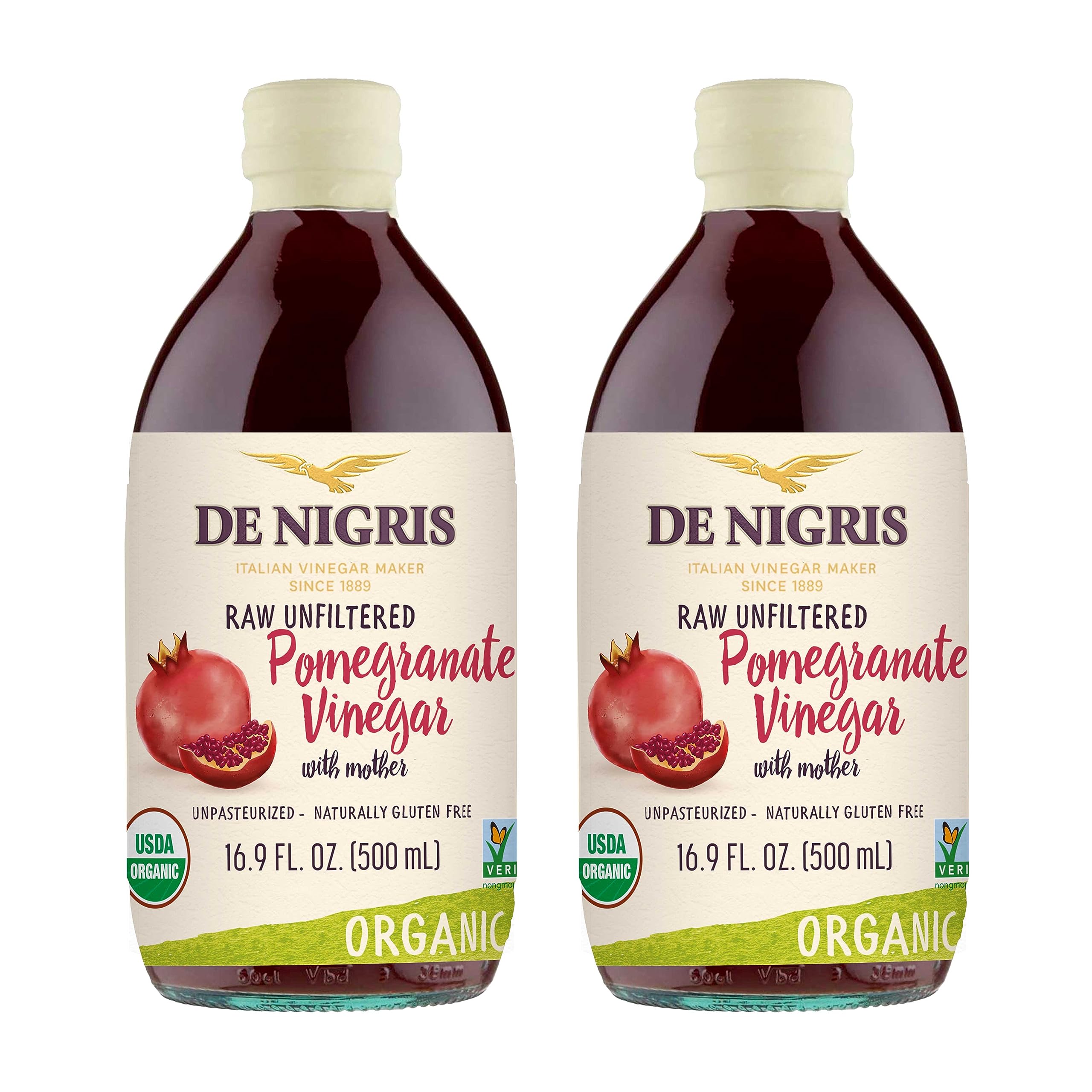 De Nigris Organic Pomegranate Vinegar Raw & Unfiltered 16,9 Oz (Pack of 2) | Balsamic Vinegar Pomegranate With Mother For The Balance Of Metabolism | Organic Pomegranate Balsamic