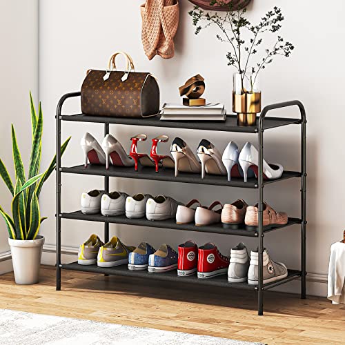 Wisdom Star 4 Tier Stackable Shoe Rack Organizer Storage, Adjustable Fabric Shoe Shelf for Closet Closet Hallway Bedroom Entryway, Black