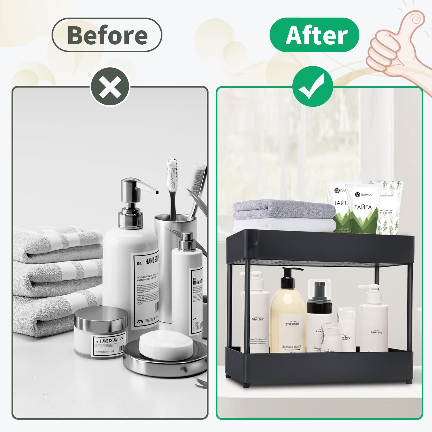 Under Sink Organizer and Storage - Bathroom Organizer - Multi-purpose Kitchen Organizer Countertop Storage Shelf Holder with Hooks,1 Pack