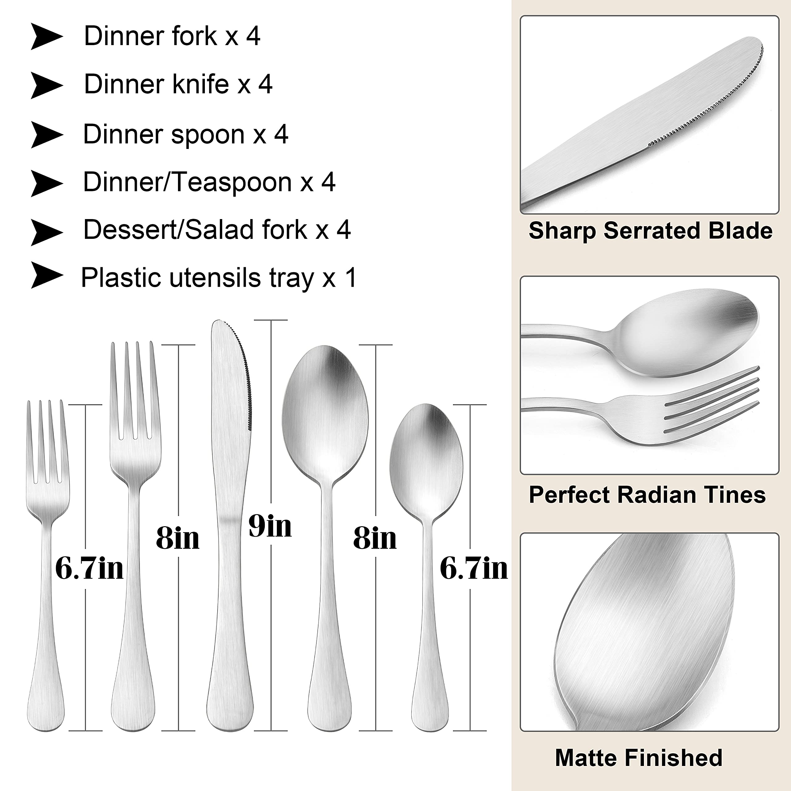 20-Piece Silverware Set with Tray, E-far Stainless Steel Flatware Cutlery Set Service for 4, Eating Utensils Tableware with Plastic Organizer for Home Kitchen, Matte Finished & Dishwasher safe