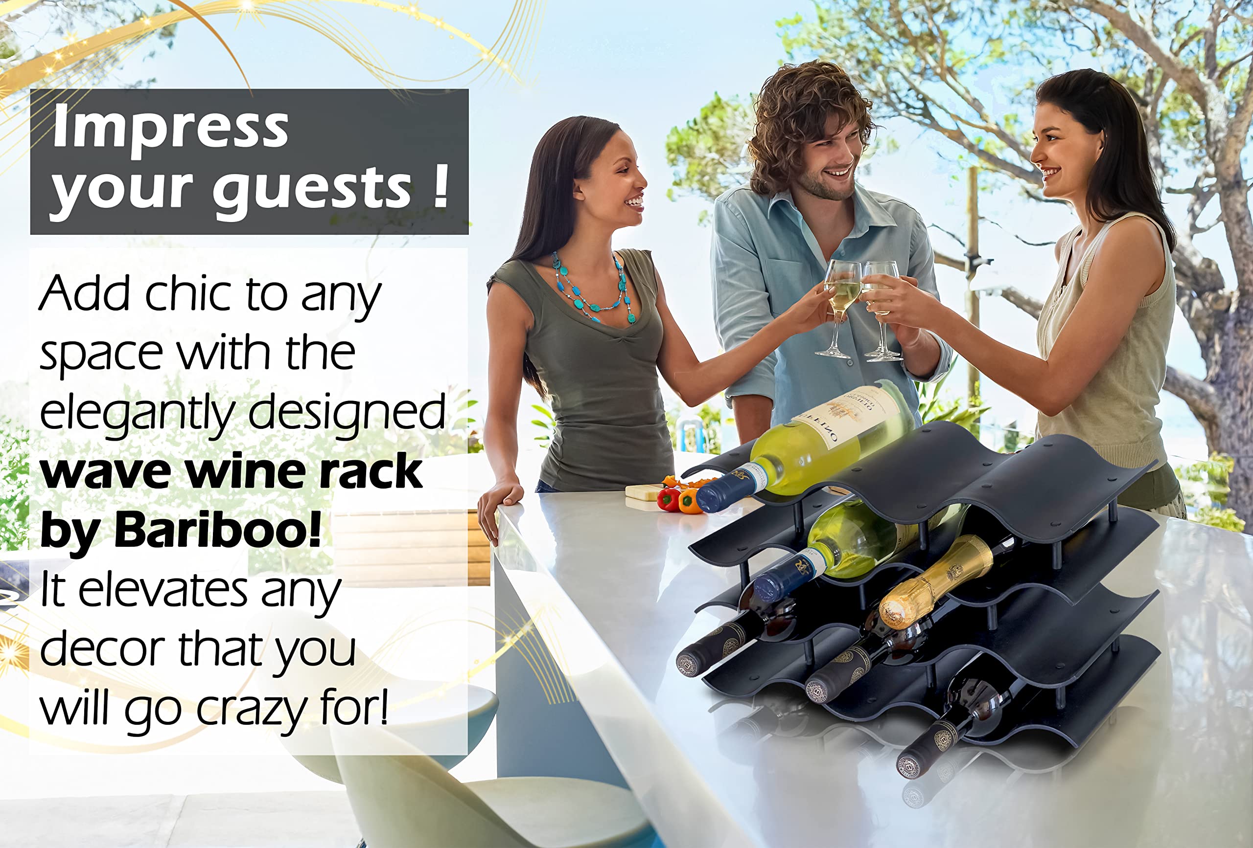 Bariboo Wine Rack. Stackable Countertop Wine Bottle Stand. 12 Bottles Wine Holder Organizer for Table Top, Pantry, Cabinet, Refrigerator. Wine Bar Quality Plastic Lightweight Storage (Black)