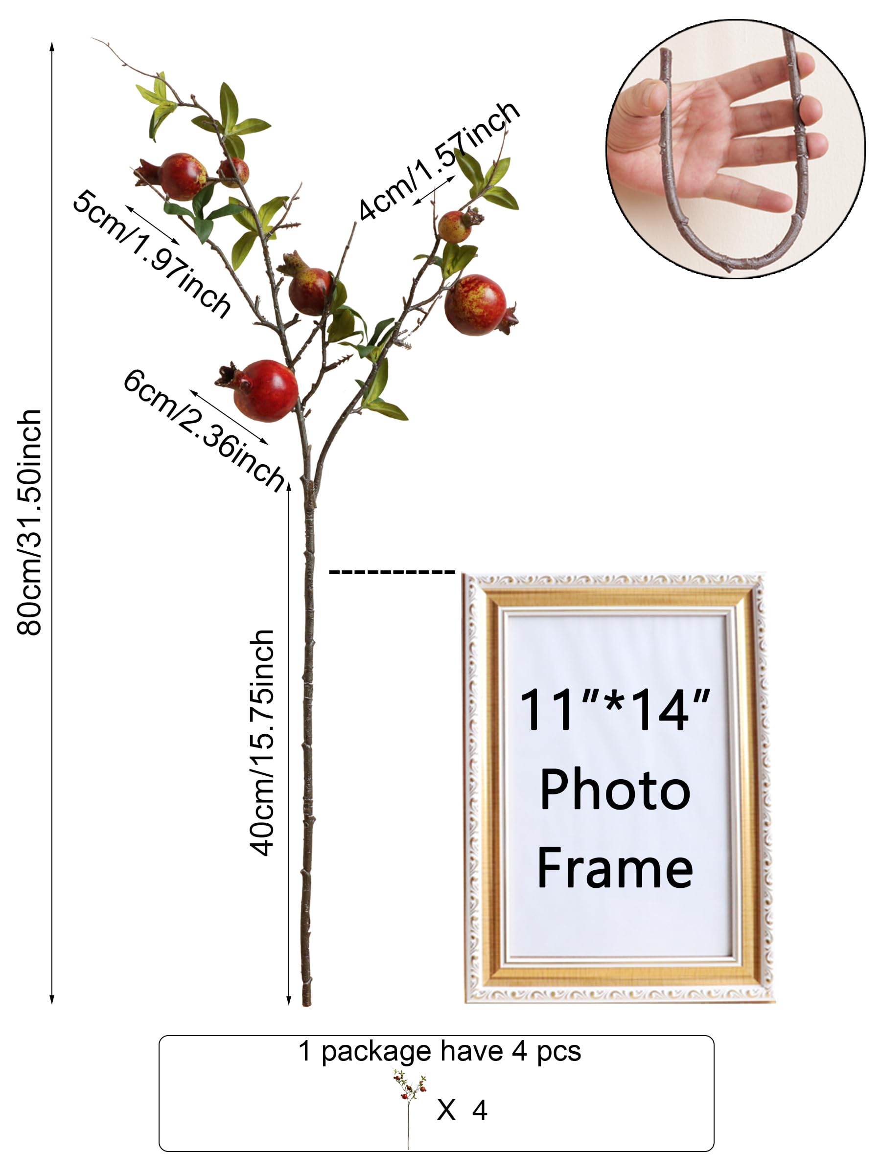 Forlaoers 4pcs 31" Tall Red Berries Pomegranate Faux Plants Stem Fake Tree Branches with Fruits Leaves Artificial Flowers for Outdoors Home Decor Office Fall Wedding Engagement Party Decorations