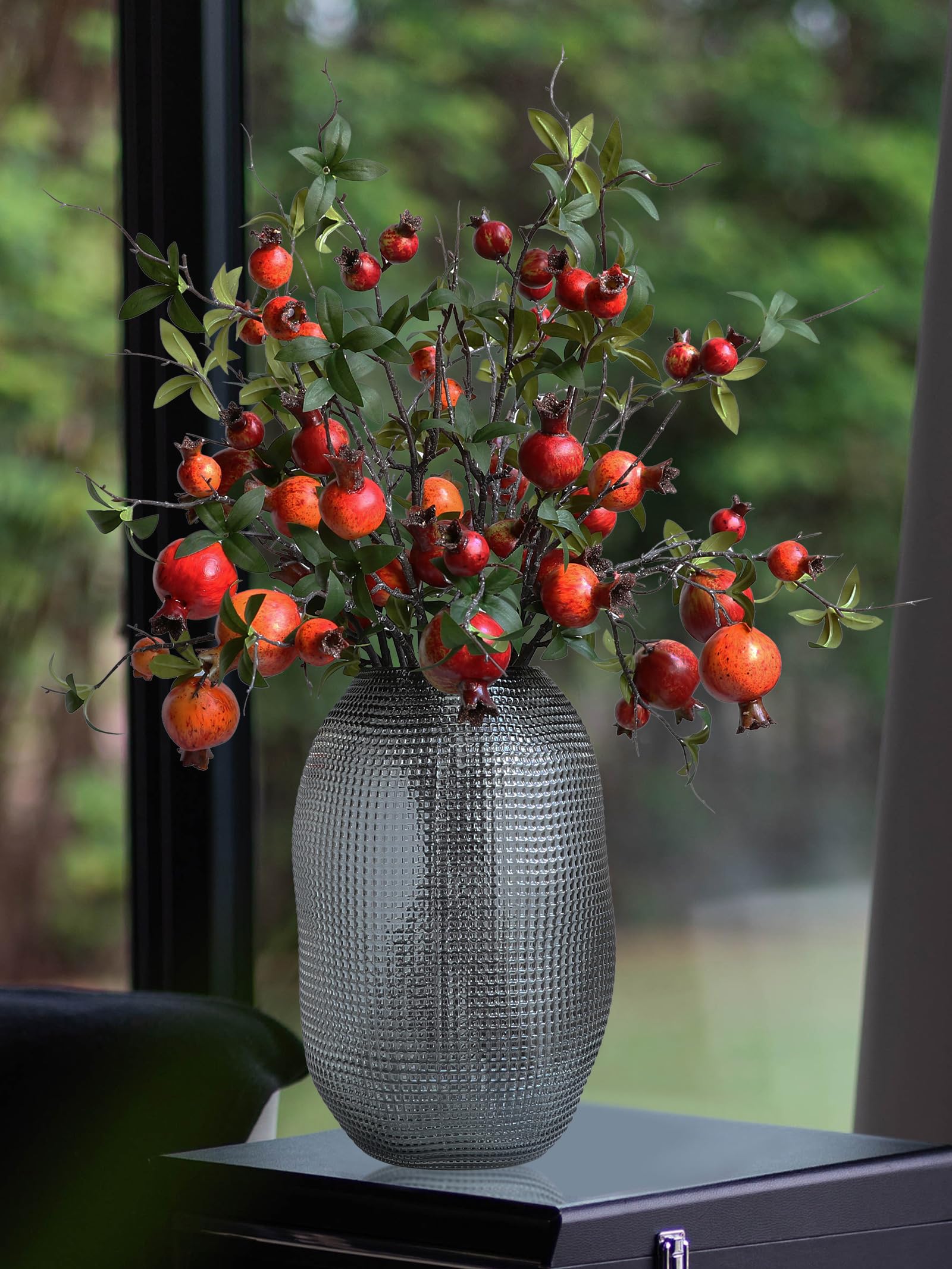 Forlaoers 4pcs 31" Tall Red Berries Pomegranate Faux Plants Stem Fake Tree Branches with Fruits Leaves Artificial Flowers for Outdoors Home Decor Office Fall Wedding Engagement Party Decorations