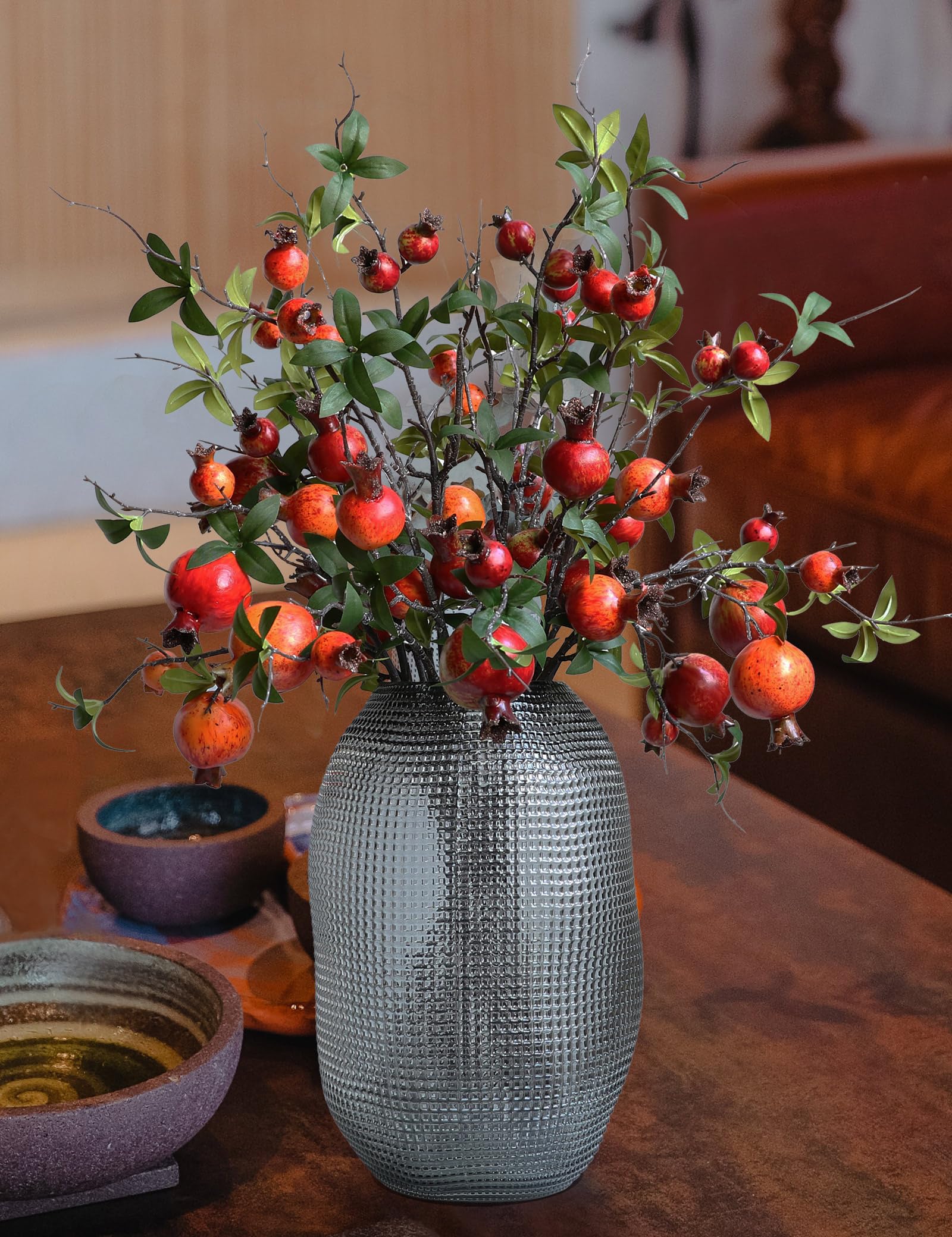 Forlaoers 4pcs 31" Tall Red Berries Pomegranate Faux Plants Stem Fake Tree Branches with Fruits Leaves Artificial Flowers for Outdoors Home Decor Office Fall Wedding Engagement Party Decorations