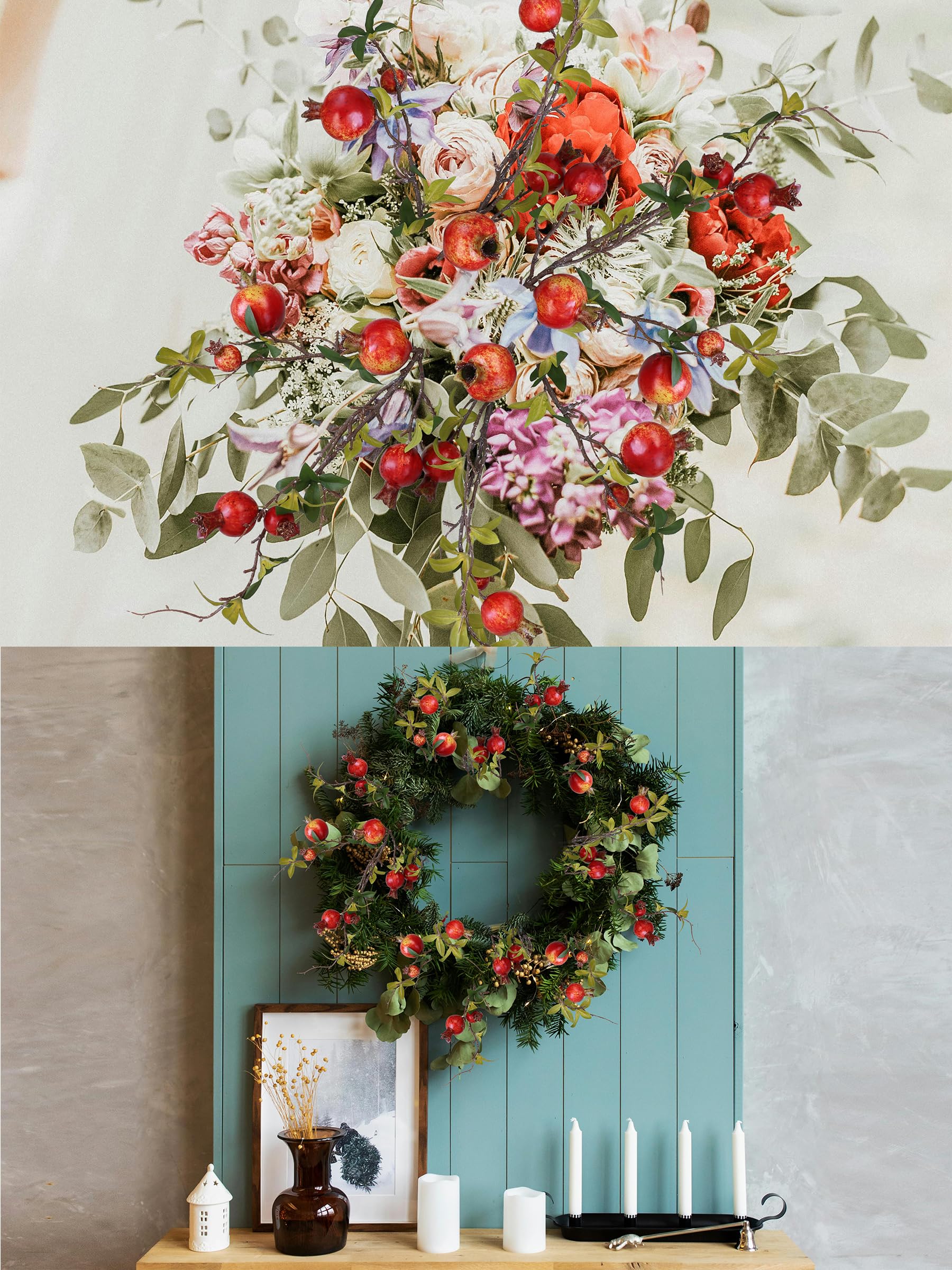 Forlaoers 4pcs 31" Tall Red Berries Pomegranate Faux Plants Stem Fake Tree Branches with Fruits Leaves Artificial Flowers for Outdoors Home Decor Office Fall Wedding Engagement Party Decorations