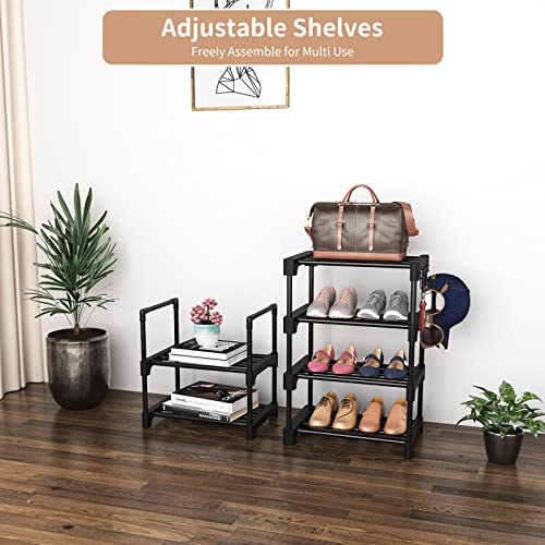 ROJASOP Shoe Rack Storage Organizer for Closet Entryway,16 Pairs 4-Tier Stackable Shoe Shelf for Hallway Bedroom Garage Dorm with Side Hooks Black Free standing Space Saving Shoe Tower