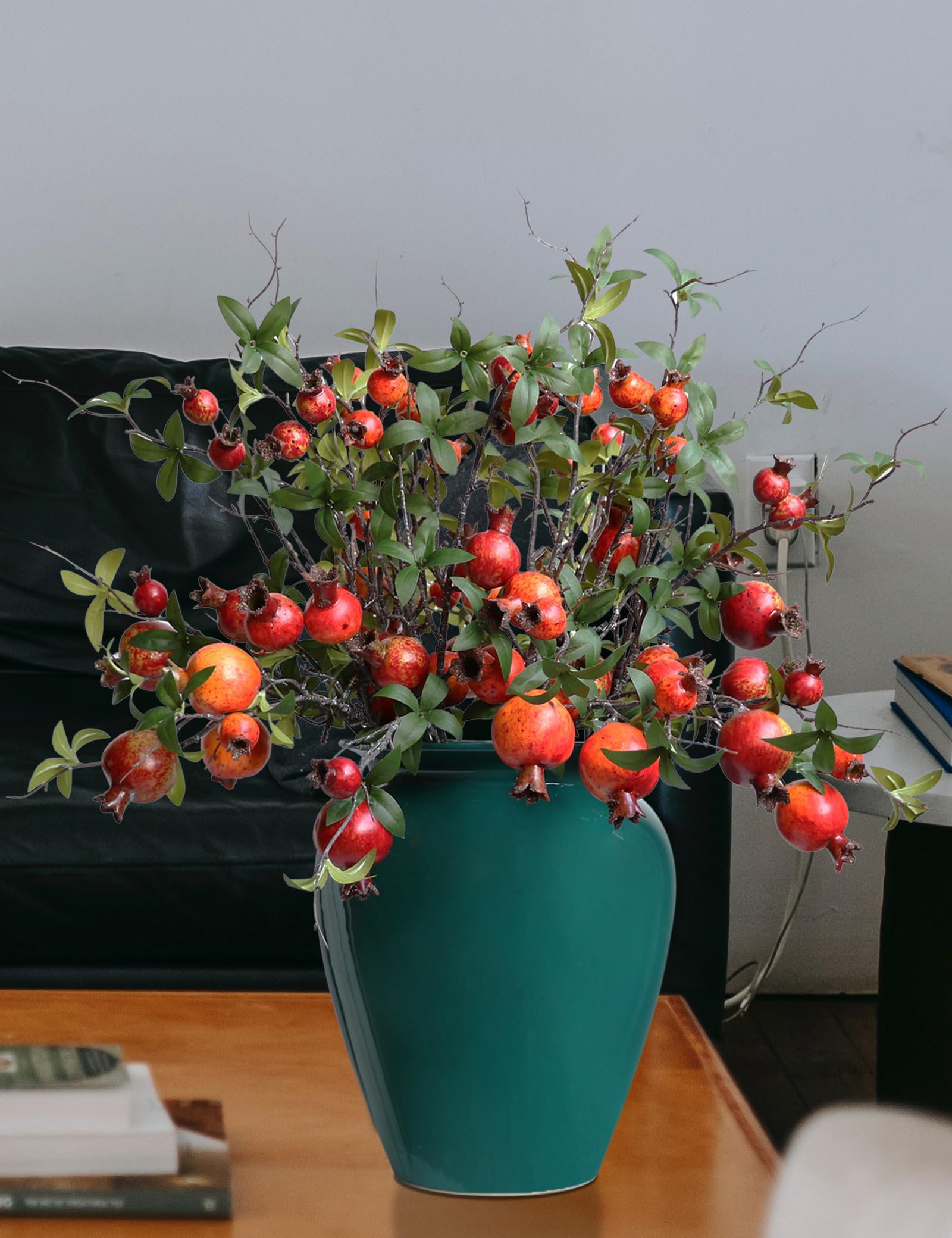 Forlaoers 4pcs 31" Tall Red Berries Pomegranate Faux Plants Stem Fake Tree Branches with Fruits Leaves Artificial Flowers for Outdoors Home Decor Office Fall Wedding Engagement Party Decorations