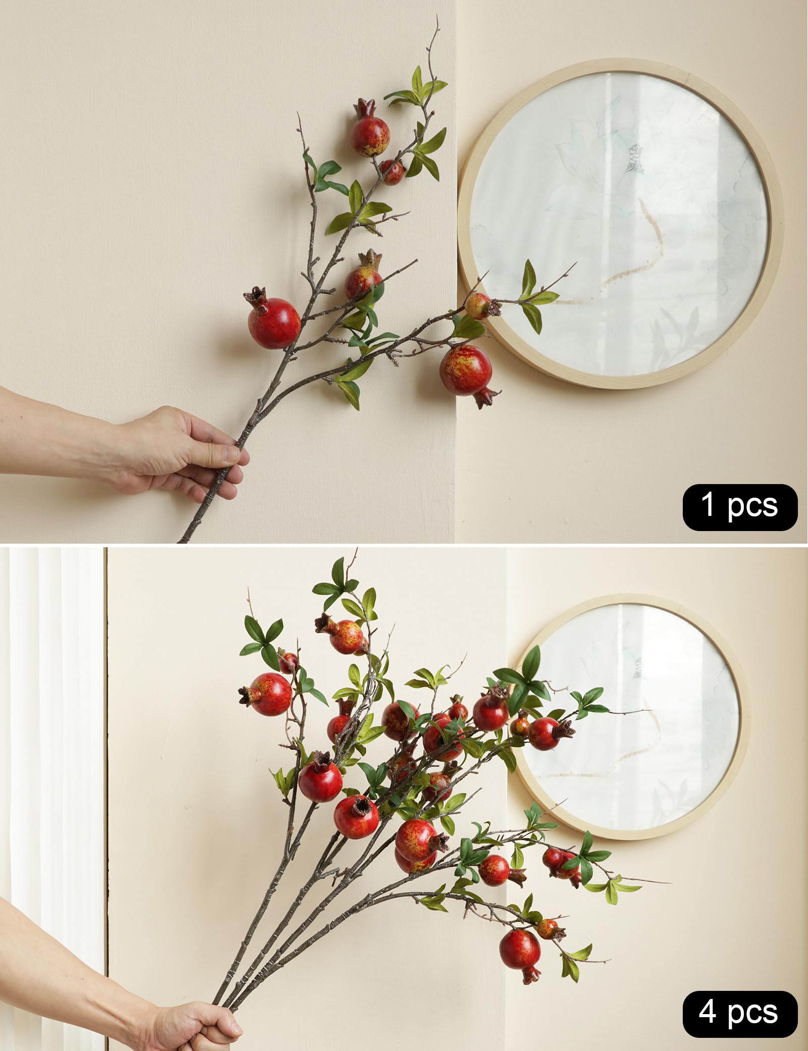 Forlaoers 4pcs 31" Tall Red Berries Pomegranate Faux Plants Stem Fake Tree Branches with Fruits Leaves Artificial Flowers for Outdoors Home Decor Office Fall Wedding Engagement Party Decorations