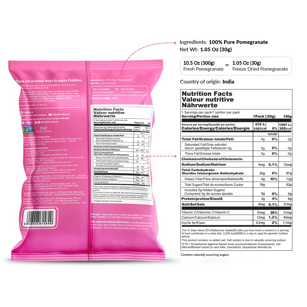 Frubites Pomegranate - Freeze Dried Fruit Snack (Pack of 5, 100 grams), Crispy, Crunchy Pomegranate Snack. No added sugar, Vegan, Gluten-Free Snacks for Kids and Adults