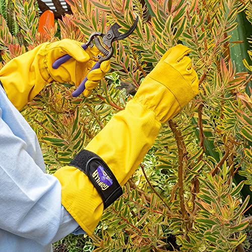 GORILLA EASY CONNECT Gardening Gloves Lightweight Tough Heavy Duty Long Sleeve Leather Pruning Gloves with Adjustable Strap - Yellow