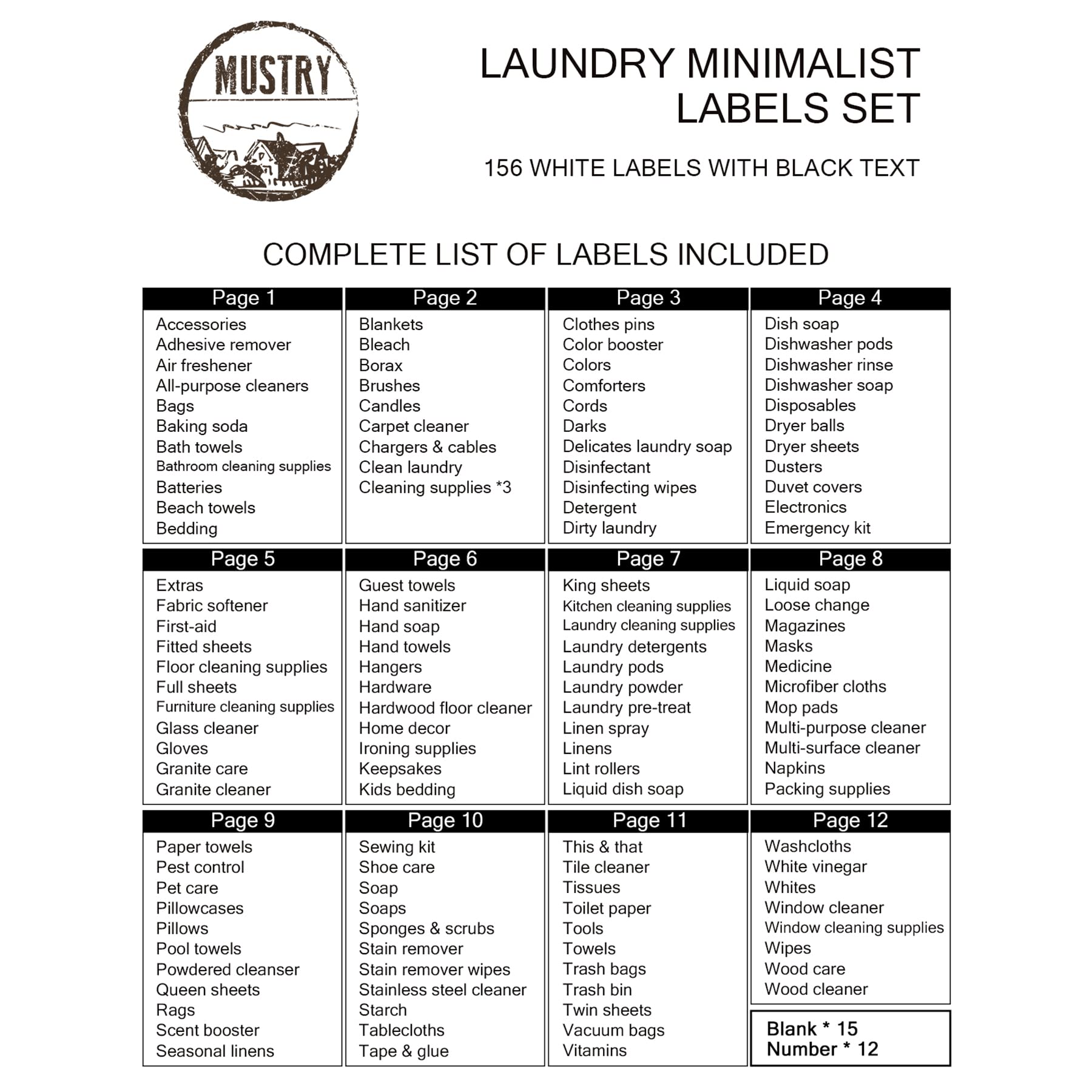 Mustry 156 Minimalist Laundry Labels for Jars Household Organization, Self-adhesive Stickers Easy to Peel Off and Reposition, Waterproof White Matte Stickers Include Reference Sheet for Quick Indexing