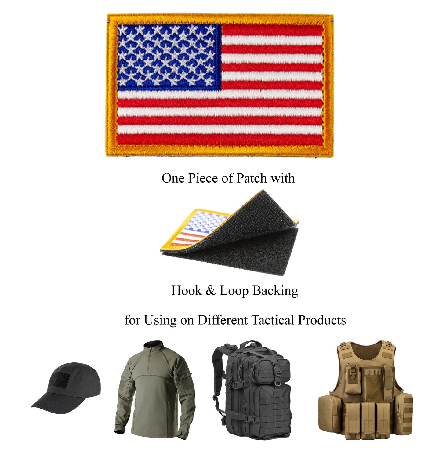 Tactical Patches of USA US American Flag, with Hook and Loop for Backpacks Caps Hats Jackets Pants, Military Army Uniform Emblems, Size 3x2 Inches