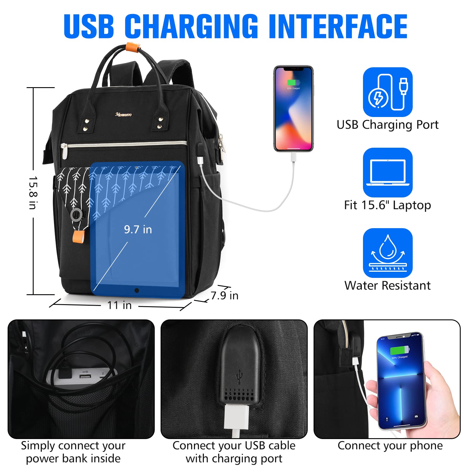MOMUVO Travel Backpack for Women Laptop Backpack 15.6 Inch,School College Bookbag Work Bag with USB Charging Port,Casual Daypack Teacher Backpack Pink Grey