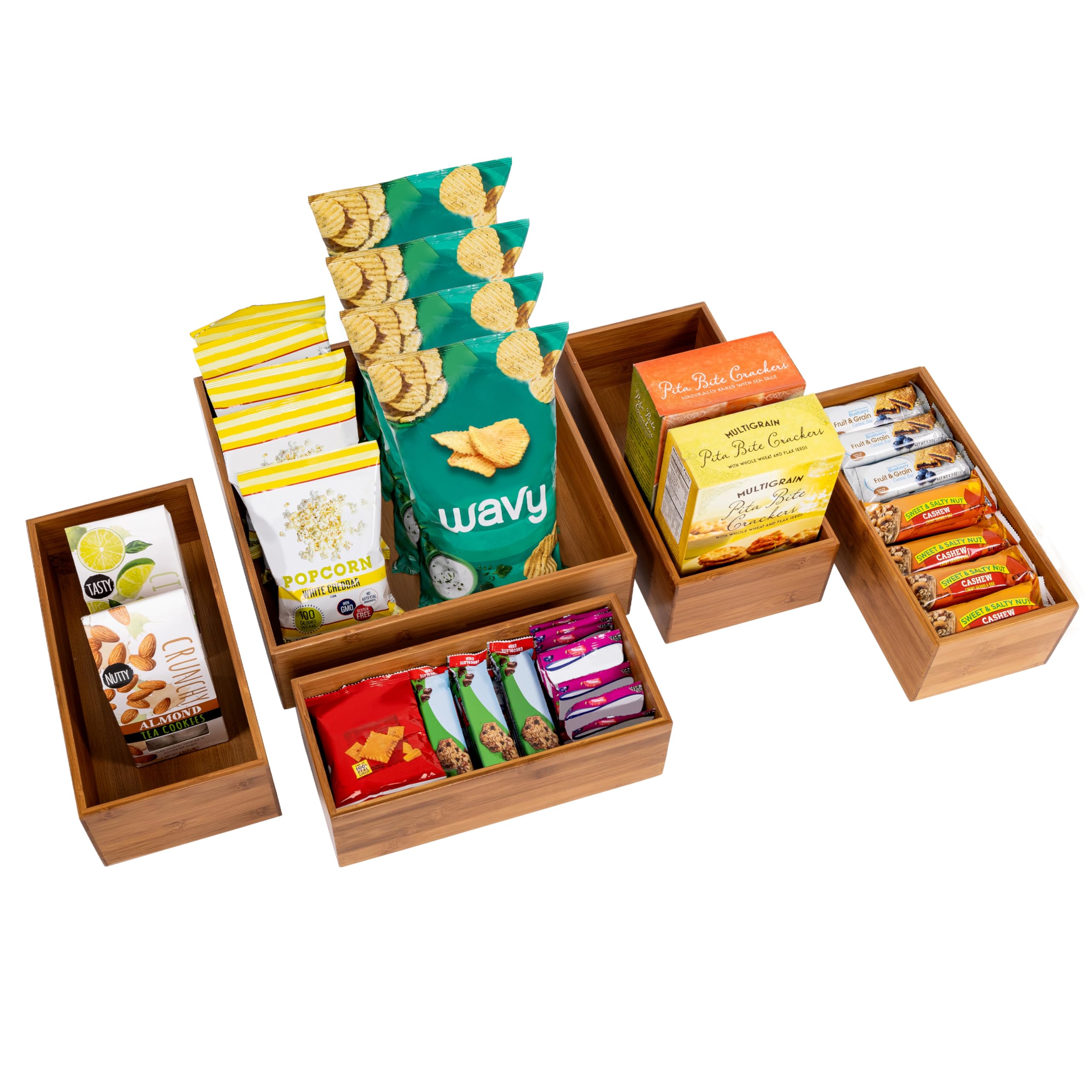 Seville Classics Bamboo Wood Storage Bins Organizer Boxes for Kitchen Counter, Pantry, Closet, Office Bedroom, Makeup, Bathroom, Nursery, K Cup, 5 Piece 3-Size (1 XL, 2L, 2M) Shelf Bin Set, Bamboo