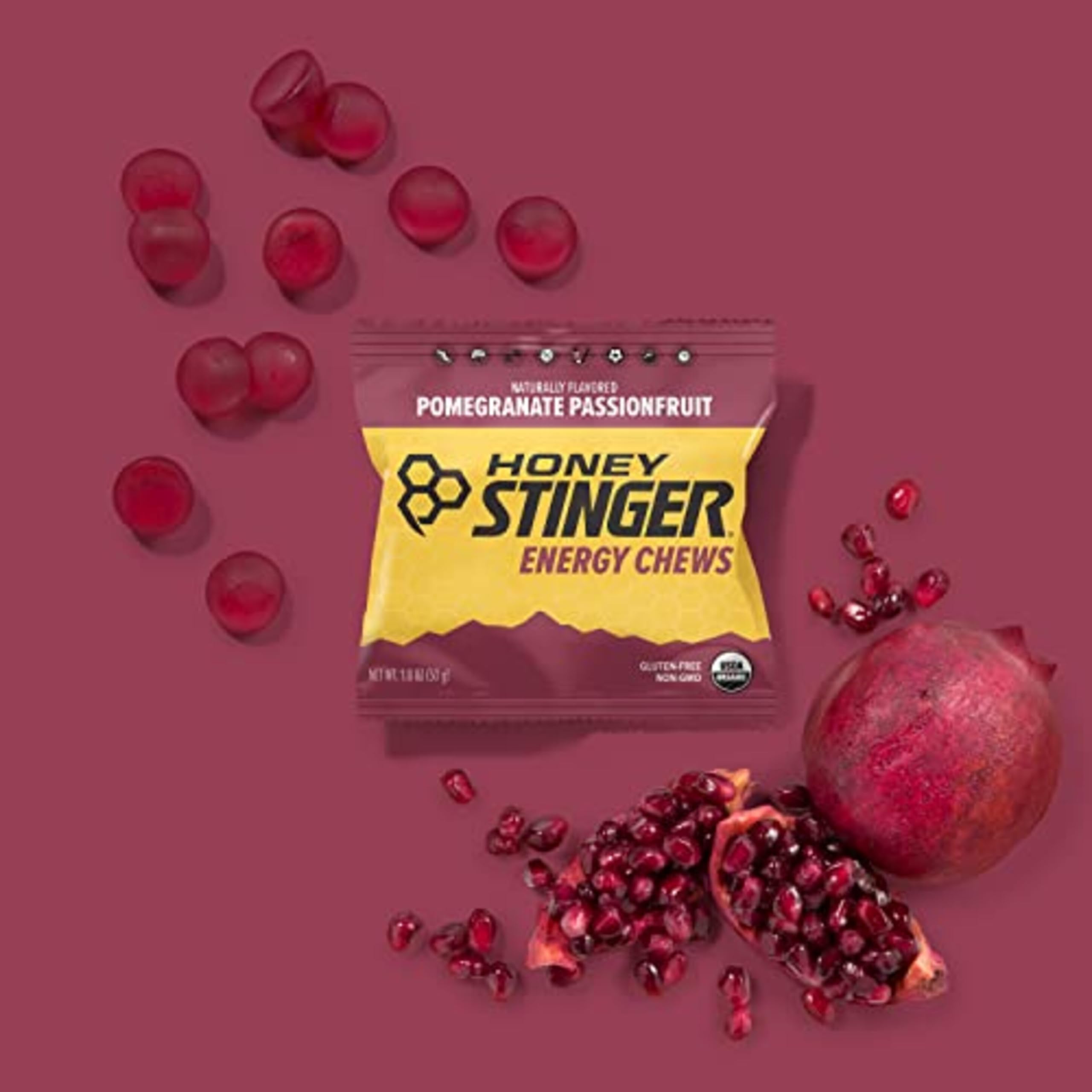 Honey Stinger Organic Pomegranate Passionfruit Energy Chew | Gluten Free & Caffeine Free | for Exercise, Running and Performance | Sports Nutrition for Home & Gym, Pre and Mid Workout | 12 Pack
