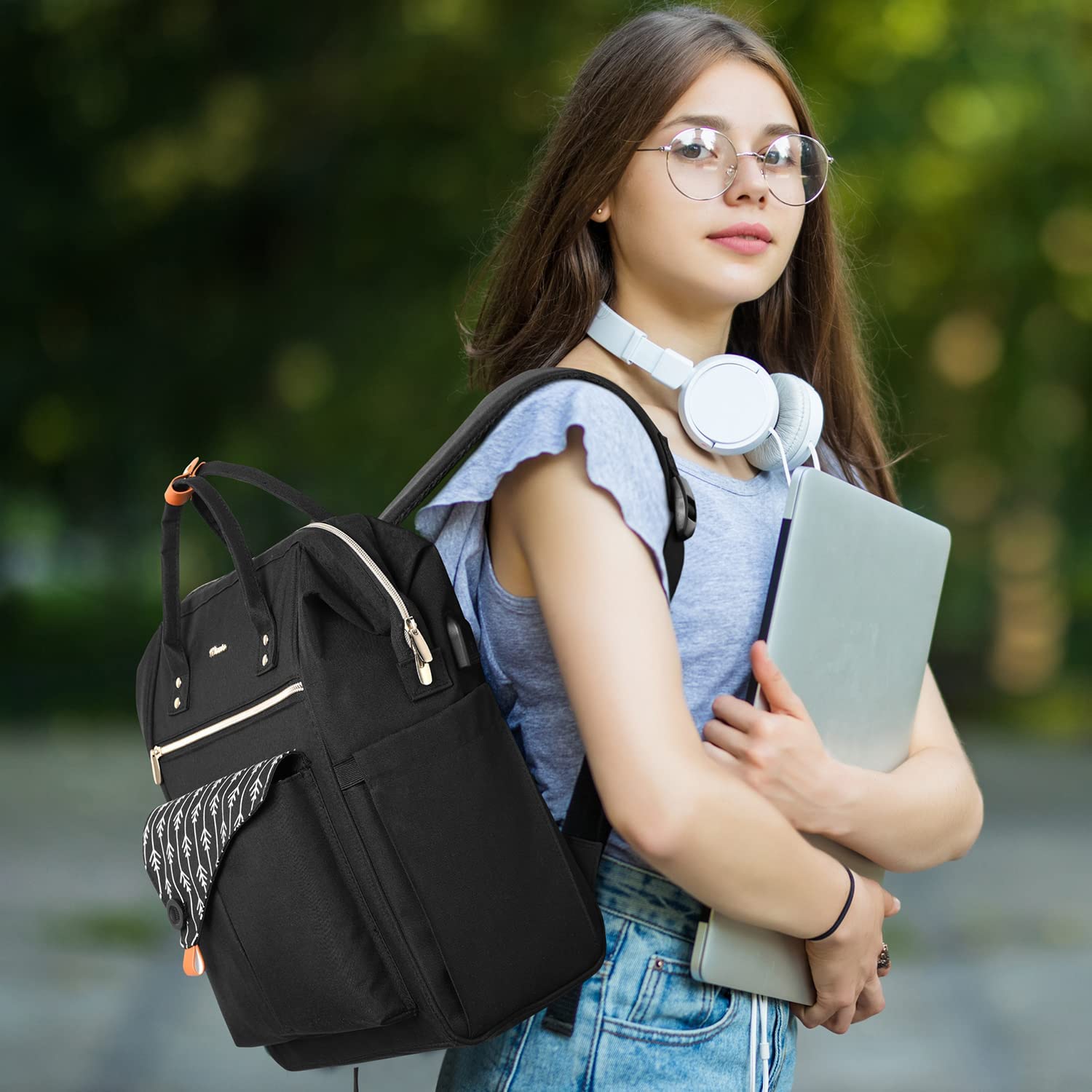 MOMUVO Travel Backpack for Women Laptop Backpack 15.6 Inch,School College Bookbag Work Bag with USB Charging Port,Casual Daypack Teacher Backpack Pink Grey