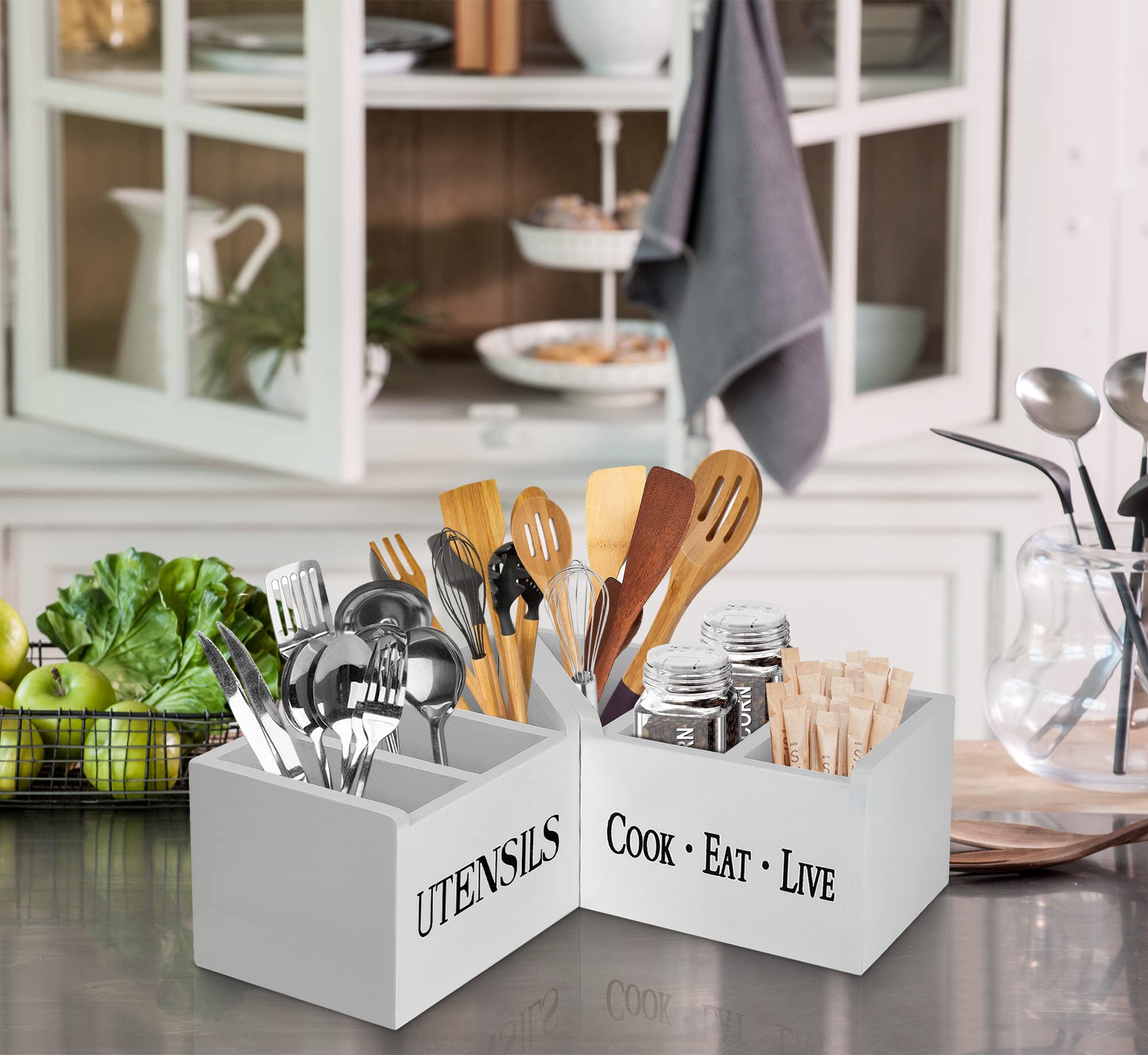 Utensil Holder for Kitchen Counter, Set of 2 Utensil Caddy Large Silverware Organizer for Spoons, Forks, Knives, Utensil Organizer with 6 Compartments for Kitchen, Countertop, Party, Camping