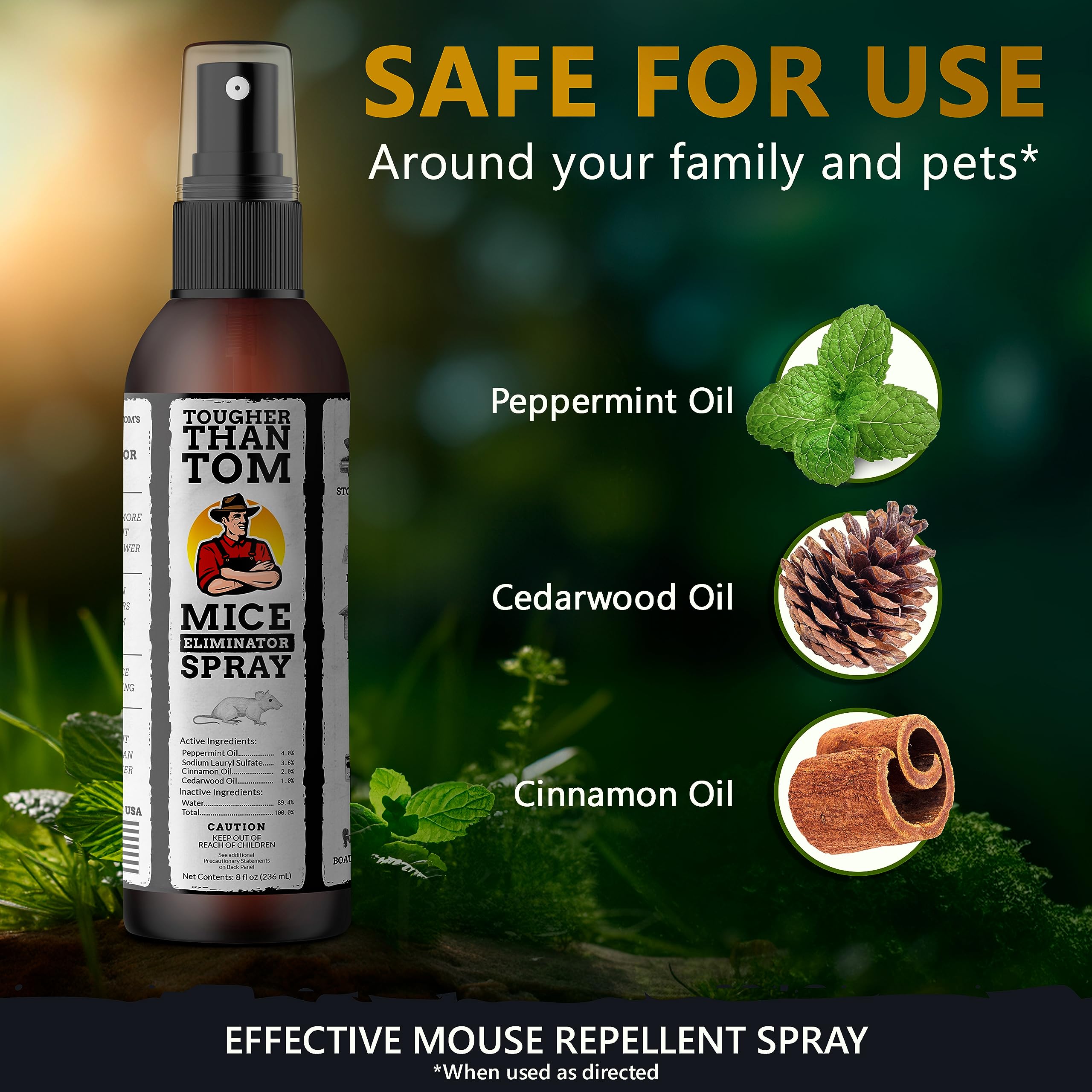 Tougher Than Tom Mouse Repellent Spray – 8 fl oz Premium Cinnamon and Peppermint Oil Spray for Rodents – Effective Mouse Repellent Indoor Spray – Mice Deterrent Spray – All-Natural Formula