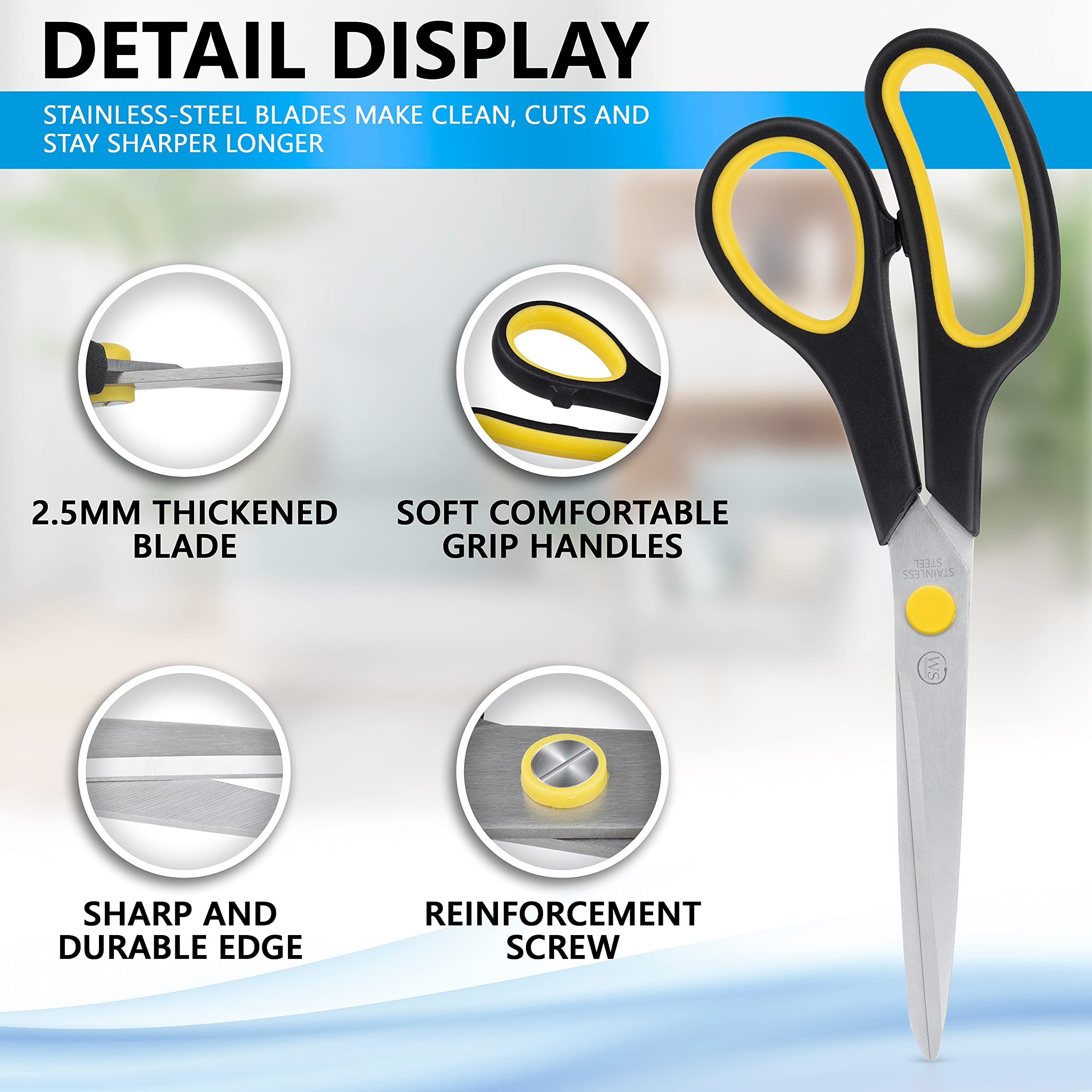 Scissors, WS 8" Multipurpose Scissors Bulk 3-Pack, Razor Sharp Blade Shears, Comfort-Grip Handles,Left/Right Handed, Strong Sharp Scissors Office Home School Sewing Fabric Craft Supplies