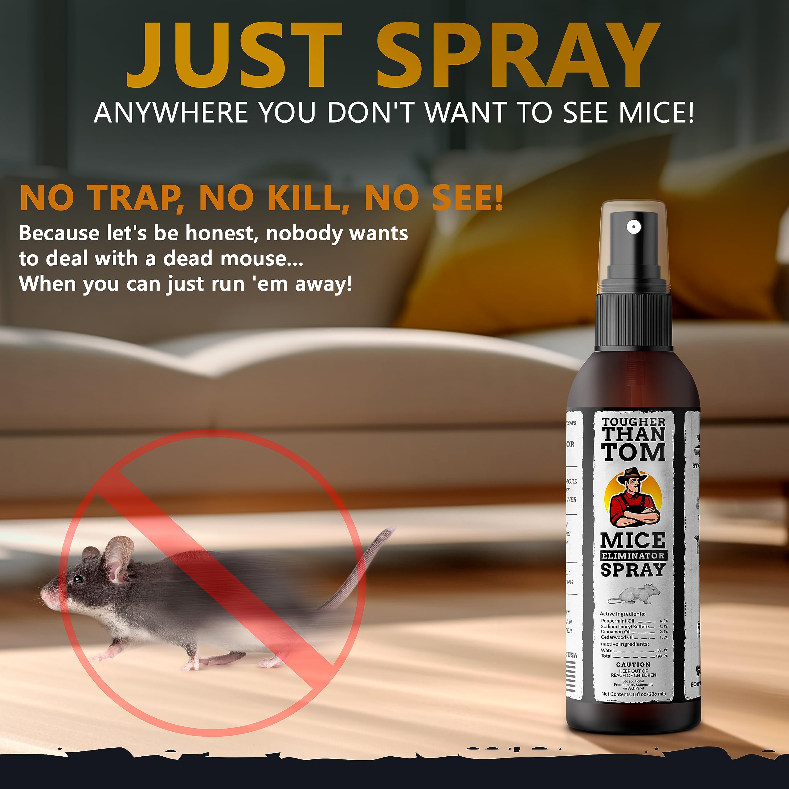 Tougher Than Tom Mouse Repellent Spray – 8 fl oz Premium Cinnamon and Peppermint Oil Spray for Rodents – Effective Mouse Repellent Indoor Spray – Mice Deterrent Spray – All-Natural Formula