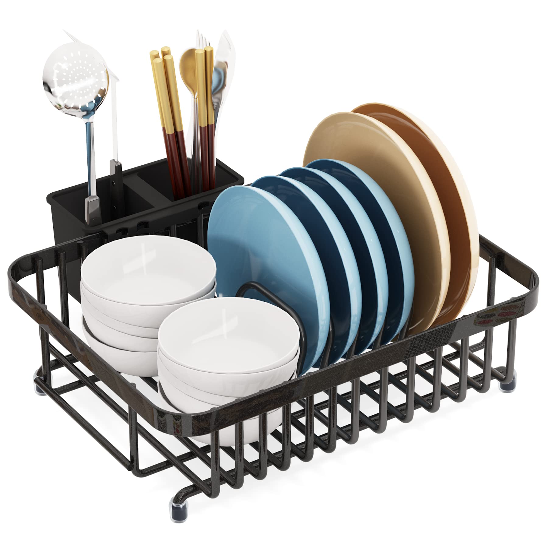 1Easylife Dish Drying Rack with Anti Rust Frame, Small Dish Drainer Rack for Kitchen Counter, Sink Dish Rack on Counter with Utensil Holder and Non-Slip Rubber Feet Rustproof for Organizer Storage