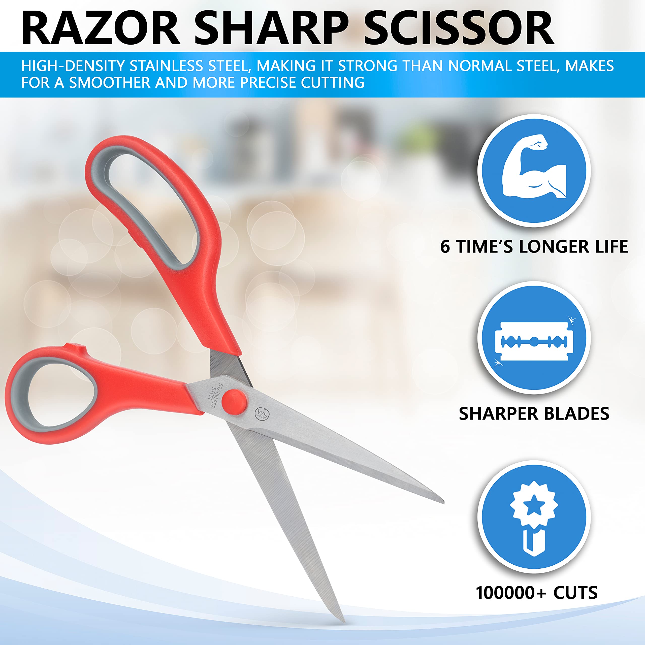 Scissors, WS 8" Multipurpose Scissors Bulk 3-Pack, Razor Sharp Blade Shears, Comfort-Grip Handles,Left/Right Handed, Strong Sharp Scissors Office Home School Sewing Fabric Craft Supplies