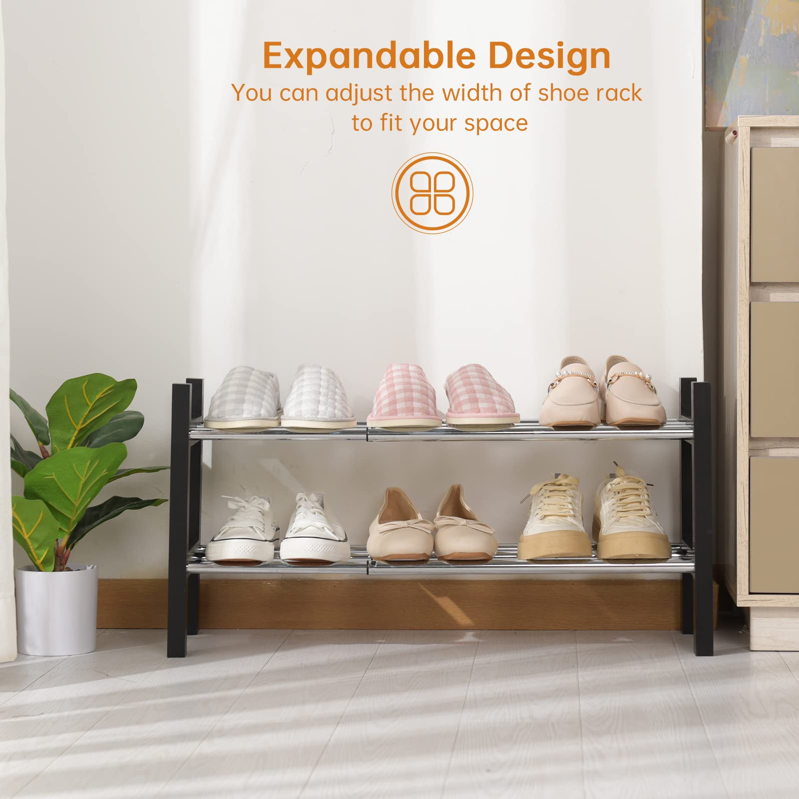Nroech Expandable Shoe Rack Storage Organizer-Adjustable 2 Tier Wood and Metal Shoe Shelf Heavy Duty Free Standing Shoe Rack for Closet Bedroom Entryway (Black)