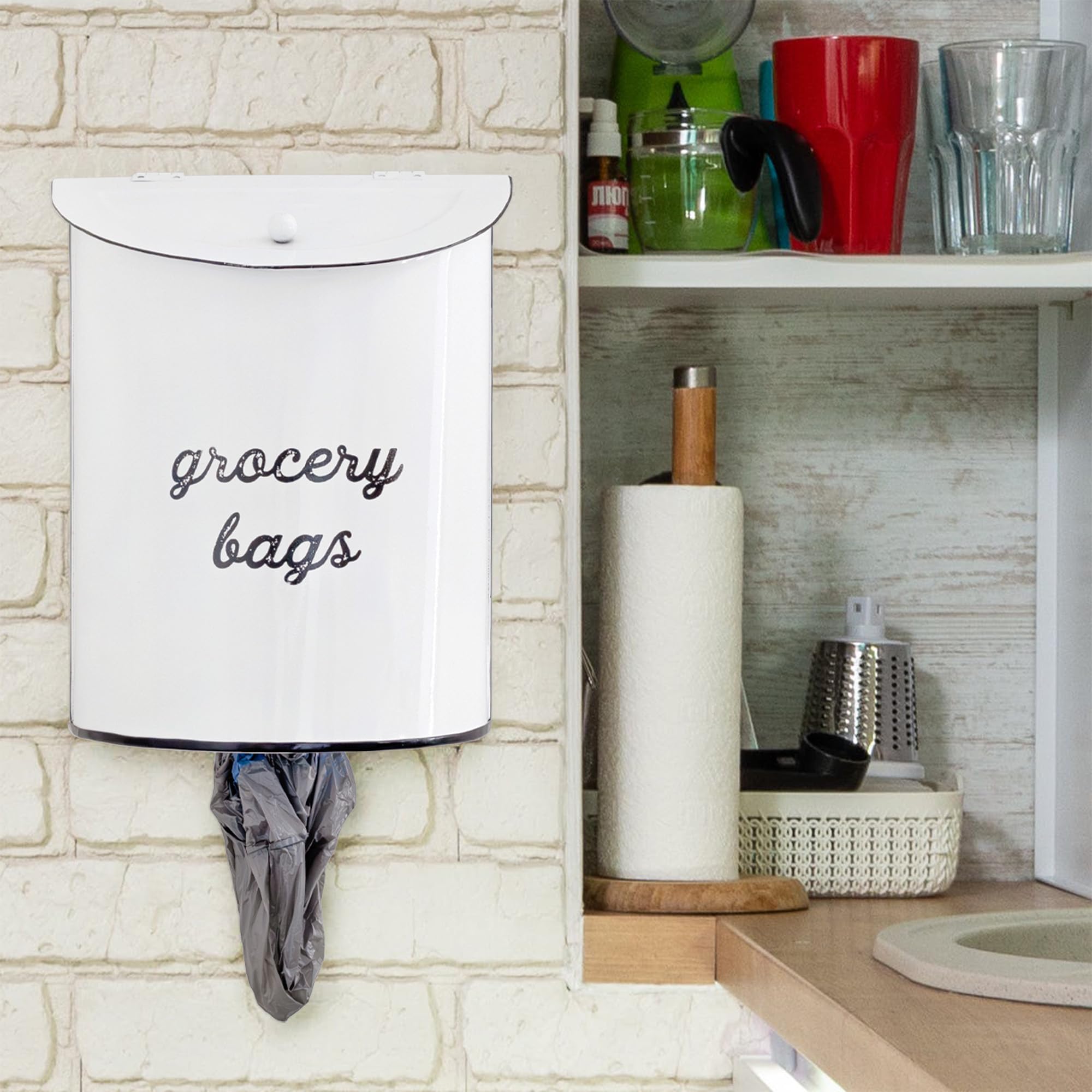 AuldHome Rustic Grocery Bag Holder; Wall-Mounted Vintage Enamelware Farmhouse Style Plastic Bag Dispenser for Kitchen or Laundry Room