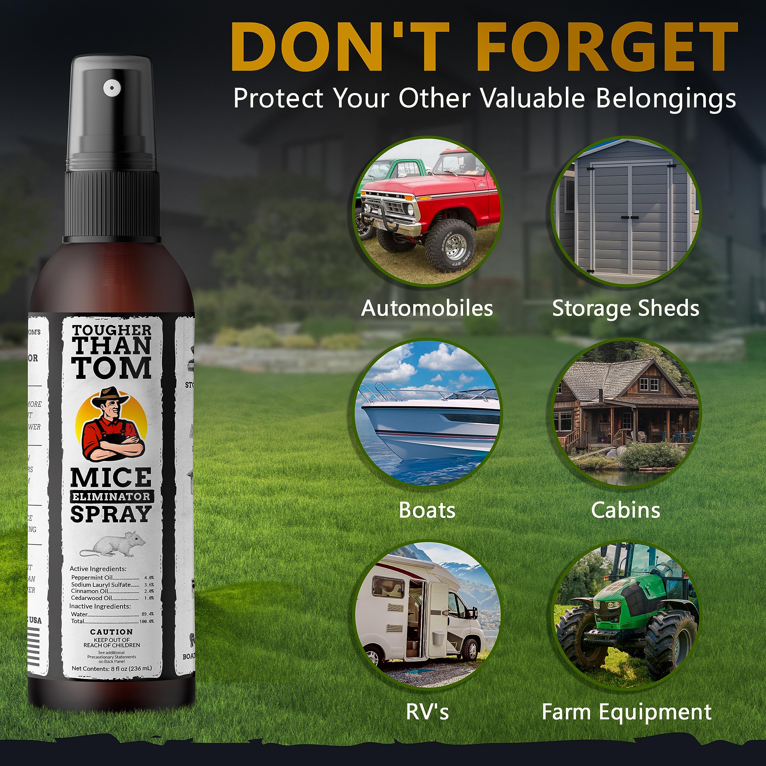 Tougher Than Tom Mouse Repellent Spray – 8 fl oz Premium Cinnamon and Peppermint Oil Spray for Rodents – Effective Mouse Repellent Indoor Spray – Mice Deterrent Spray – All-Natural Formula