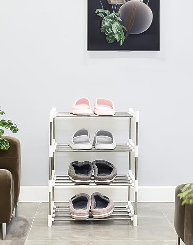 JAUZVIL Expandable Shoe Racks Metal Free Standing Shoe Shelf Shoe Storage Organizer For Entryway Closet (White, 4 Tiers)