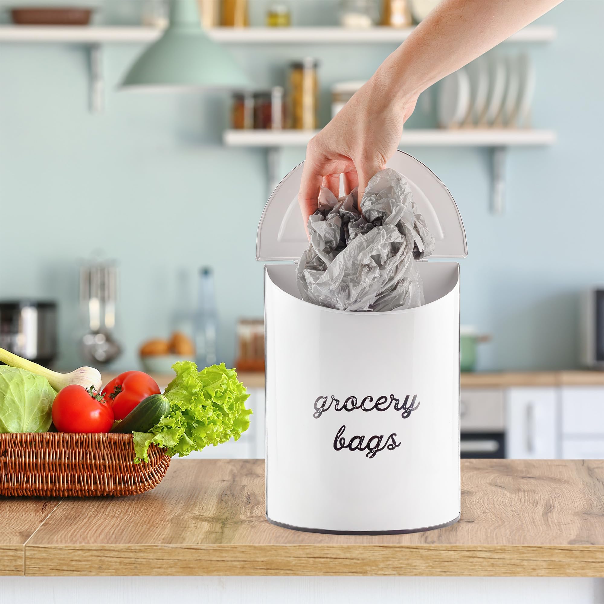 AuldHome Rustic Grocery Bag Holder; Wall-Mounted Vintage Enamelware Farmhouse Style Plastic Bag Dispenser for Kitchen or Laundry Room