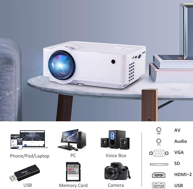 Mini Projector 7500 Lux 210" Projector 1080P Supported Display with 52000 Hrs LED Movie Projector Compatible with Phone Computer Laptop USB HDMI VGA-Home Office Outdoor Entertainment