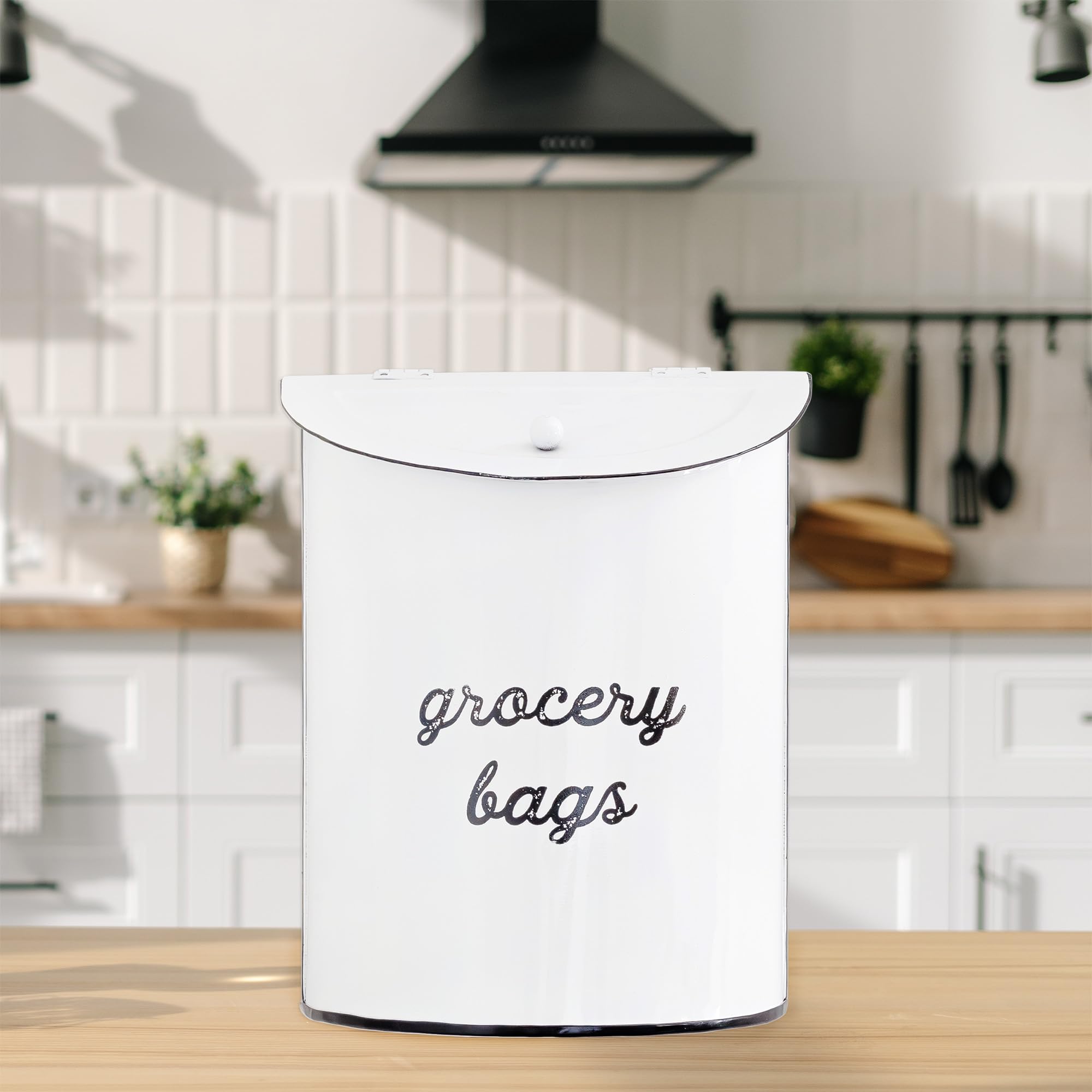 AuldHome Rustic Grocery Bag Holder; Wall-Mounted Vintage Enamelware Farmhouse Style Plastic Bag Dispenser for Kitchen or Laundry Room