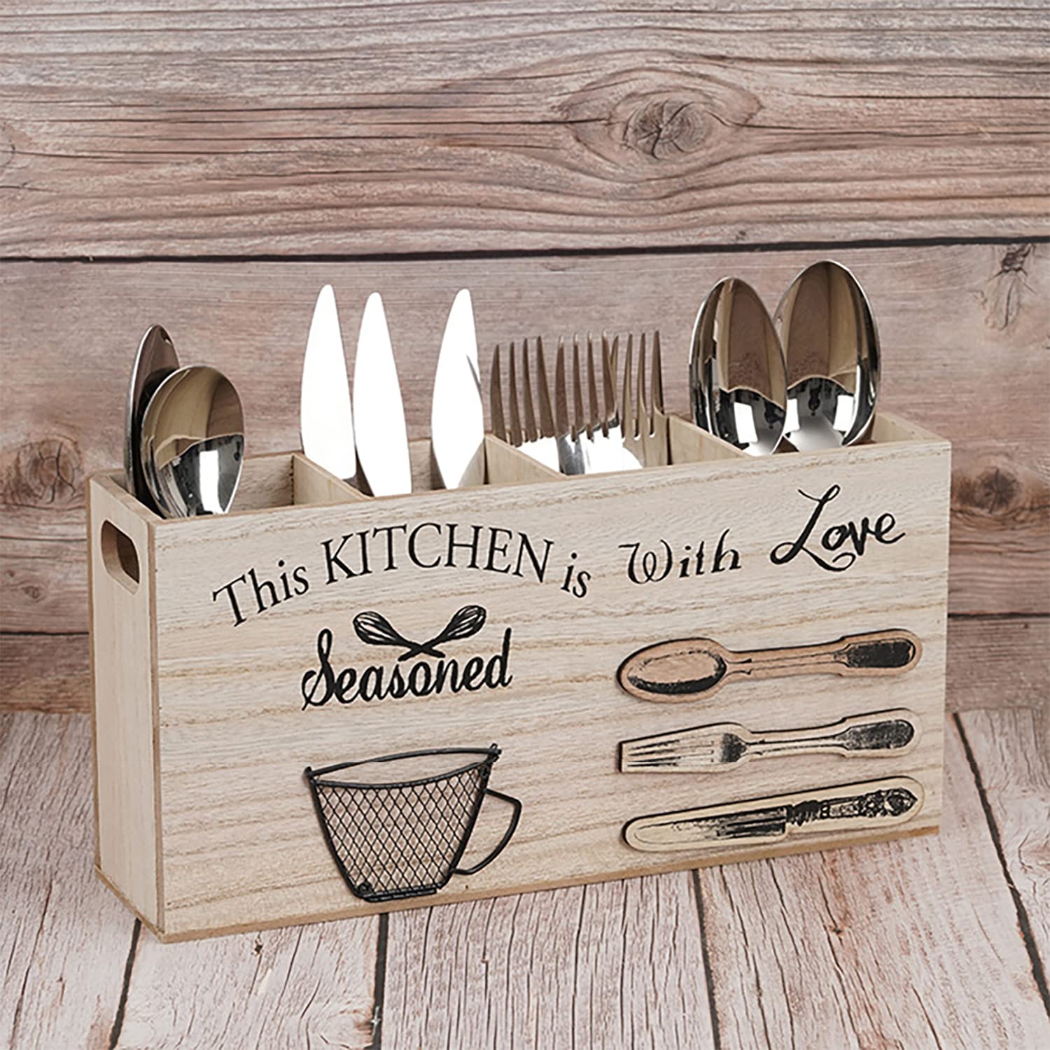CBEYNCHOS Wooden Utensil Holder Cutlery Caddy,Flatware Organizers in Rustic Wood for Forks Spoons Knives Cooking Tools,Kitchen Table Decor for Party Bar Hotel and Home use