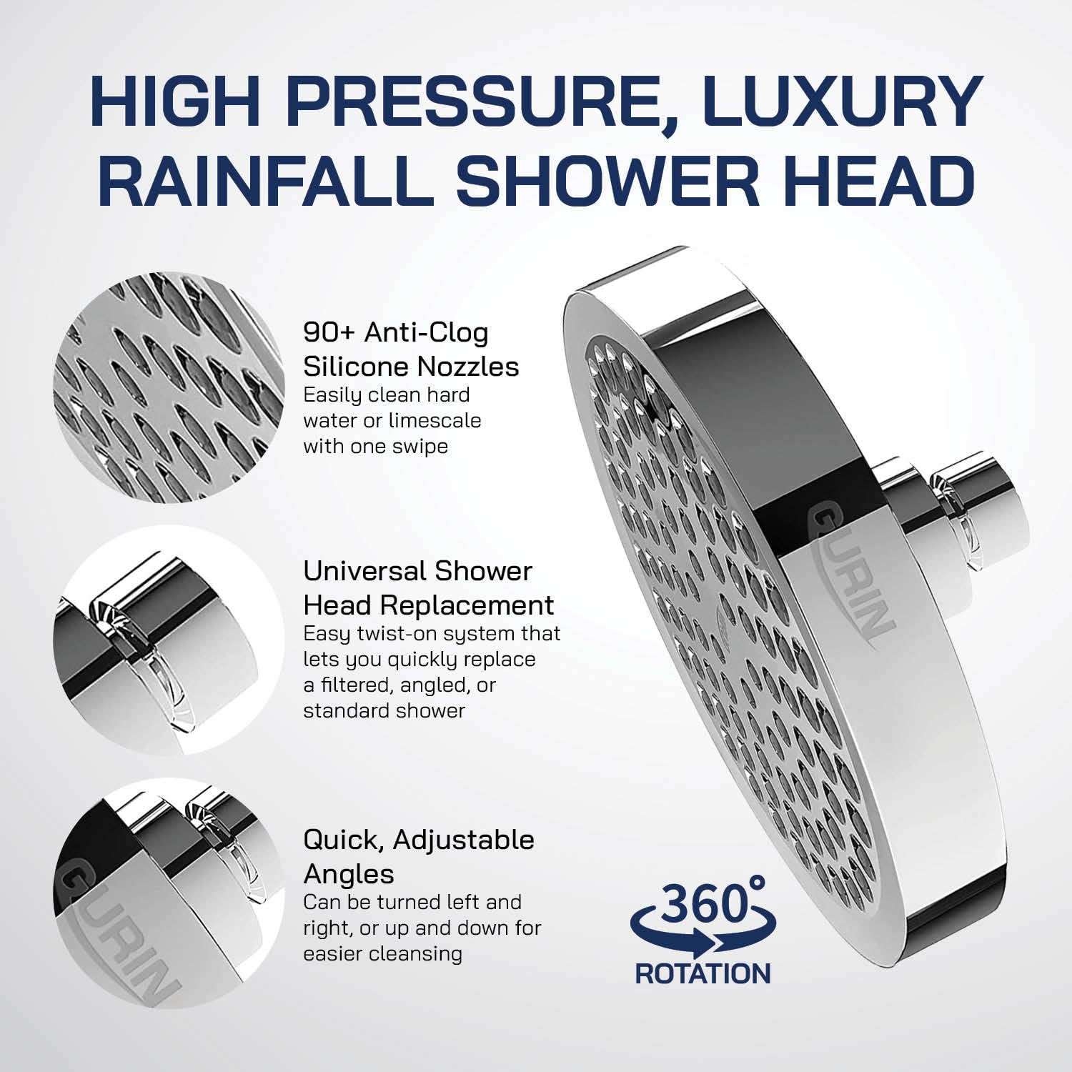 GURIN Shower Head High Pressure Rain, Luxury Bathroom Showerhead with Chrome Plated Finish, Adjustable Angles, Anti-Clogging Silicone Nozzles (2.5 GPM)