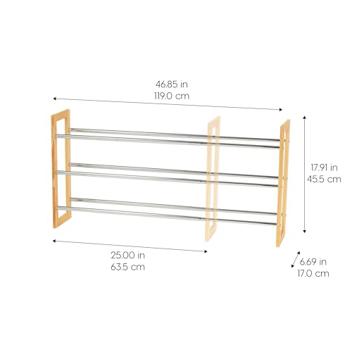 IRIS USA 3-Tier Shoe Rack, Up to 15 Pairs, 25" - 46"L Extendable Shoe Shelf, for Entryway Mudroom, Extendable Shoe Organizer for Closet, Stackable Shoe Storage, Metal Shoe Shelf for Small Space