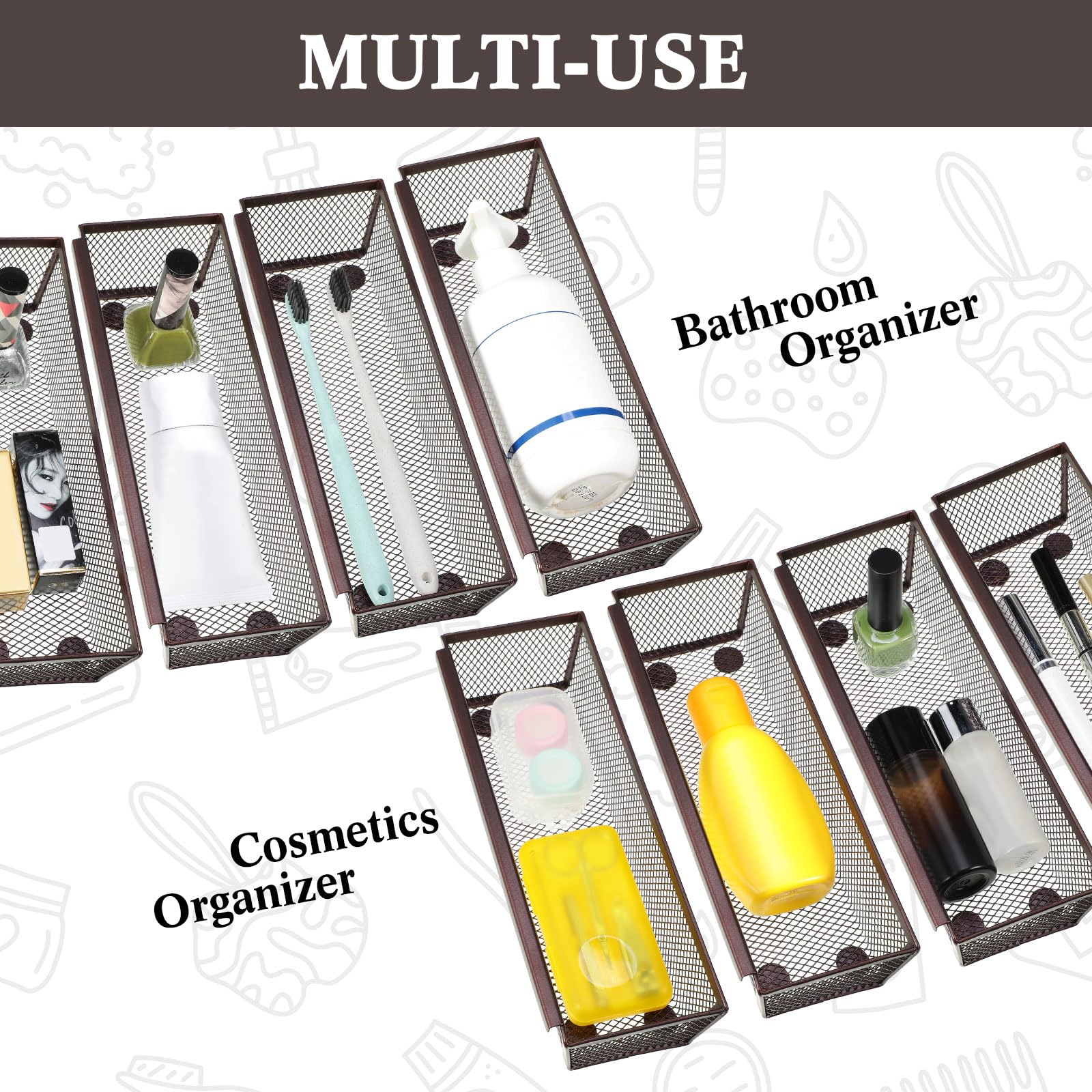 12 Set Mesh Drawer Organizer Steel Drawer Cabinet Metal Utensil Organizer Silverware Holder Cutlery Flatware Utensil Storage for Kitchen Office School Desktop, 9 x 3 x 2 Inches, Brown