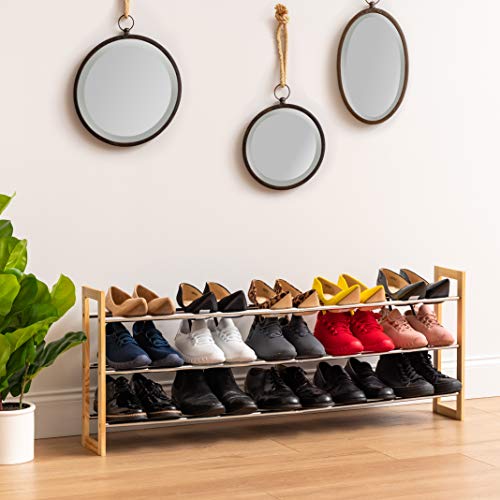 IRIS USA 3-Tier Shoe Rack, Up to 15 Pairs, 25" - 46"L Extendable Shoe Shelf, for Entryway Mudroom, Extendable Shoe Organizer for Closet, Stackable Shoe Storage, Metal Shoe Shelf for Small Space