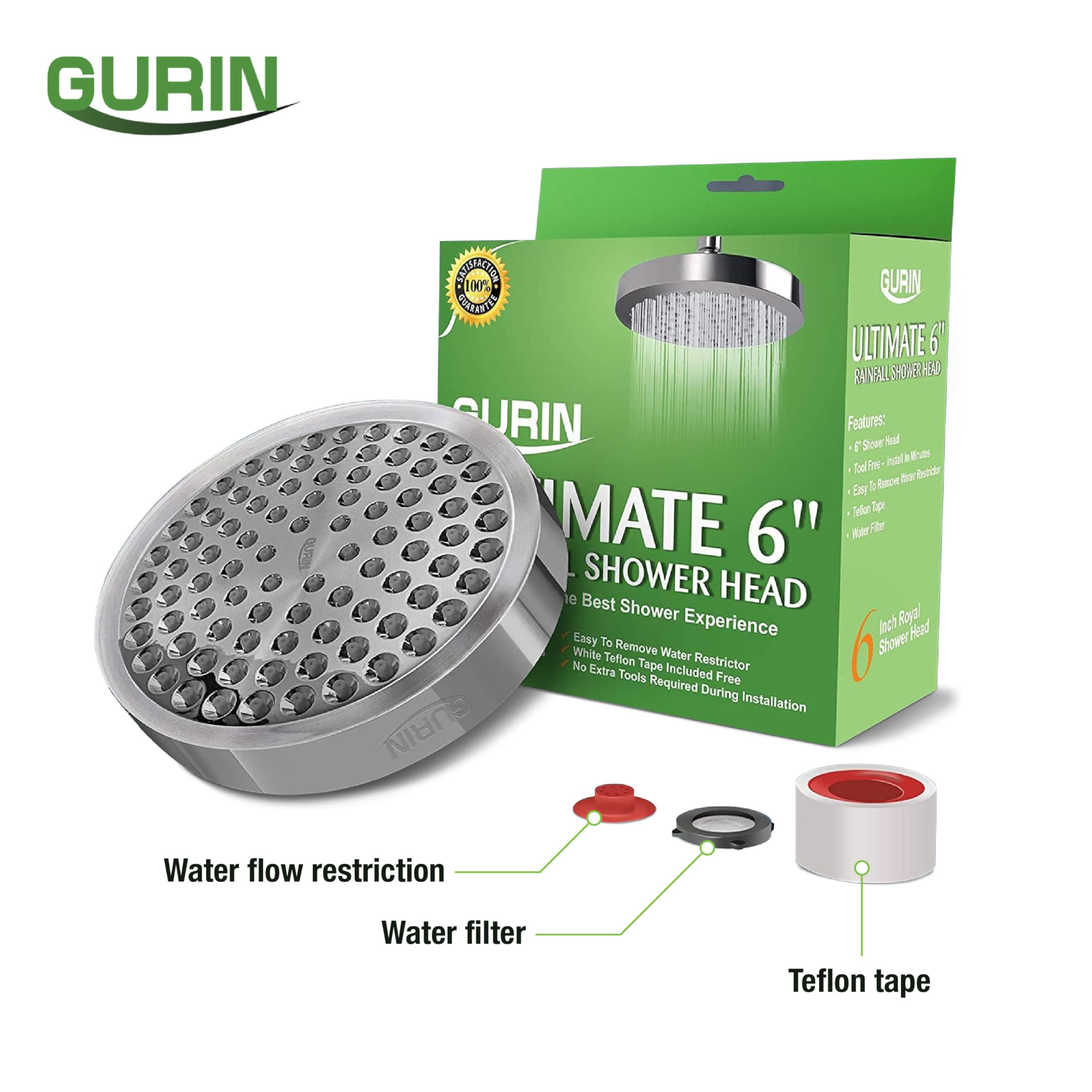 GURIN Shower Head High Pressure Rain, Luxury Bathroom Showerhead with Chrome Plated Finish, Adjustable Angles, Anti-Clogging Silicone Nozzles (2.5 GPM)