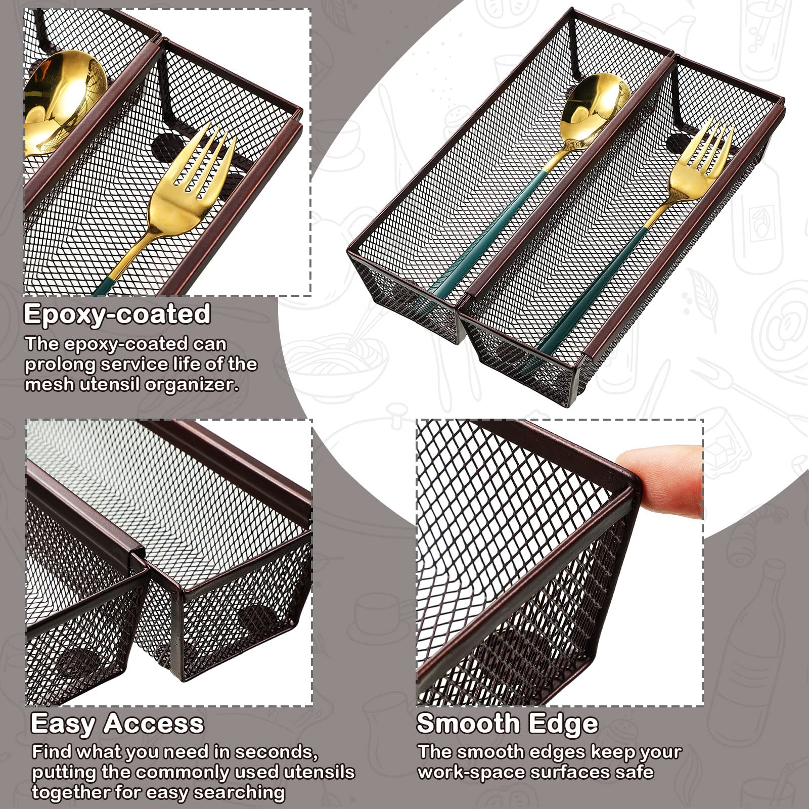 12 Set Mesh Drawer Organizer Steel Drawer Cabinet Metal Utensil Organizer Silverware Holder Cutlery Flatware Utensil Storage for Kitchen Office School Desktop, 9 x 3 x 2 Inches, Brown