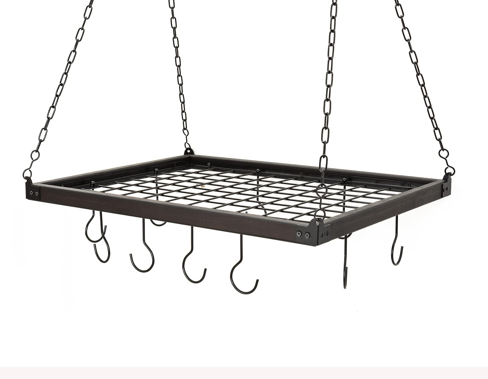SODUKU Pot Pan Rack with Shelf Grid, Ceiling Mounted Hanging Multi-Purpose Wood & Metal Cookware Hanger Organizer Kitchen Storage with 10 Hooks Espresso